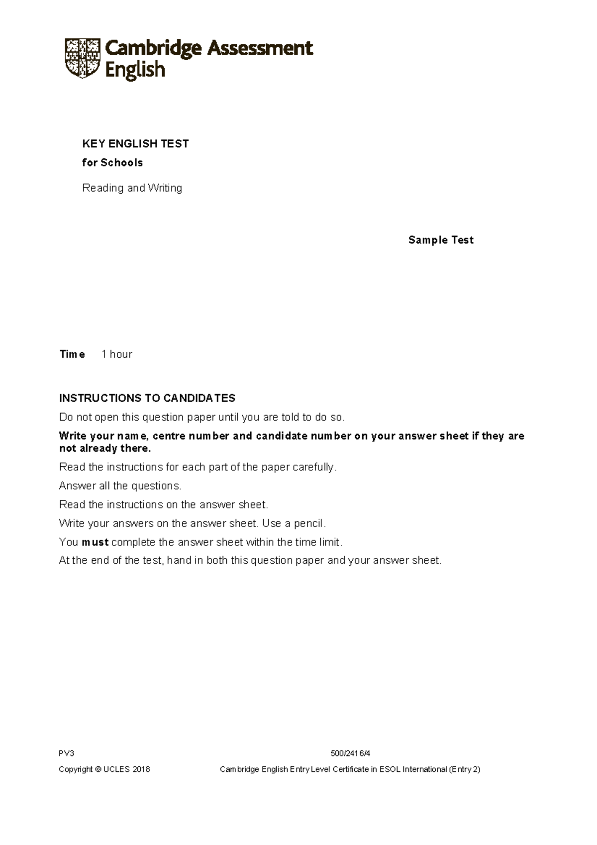 A2 Key for Schools 2020 sample Reading and Writing - questions - KEY ...