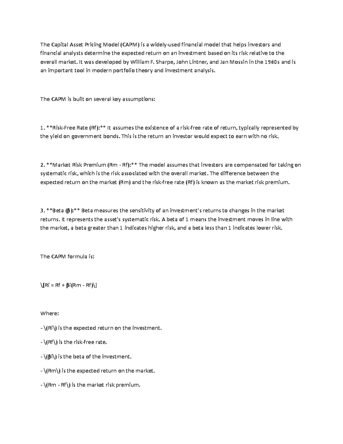 The Capital Asset Pricing Model - It was developed by William F. Sharpe ...