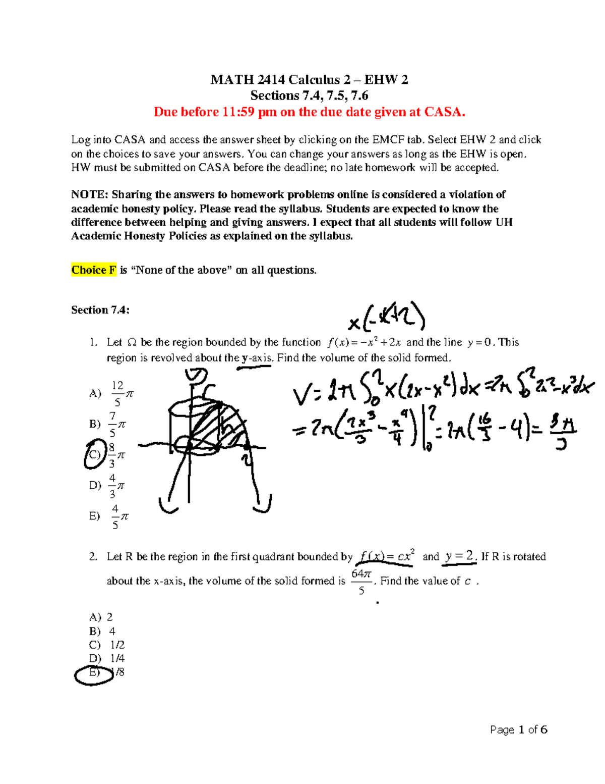 2414 ehw3 - homework - MATH 2414 Calculus 2 – EHW 2 Sections 7, 7, 7. Due before 11:59 pm on the ...