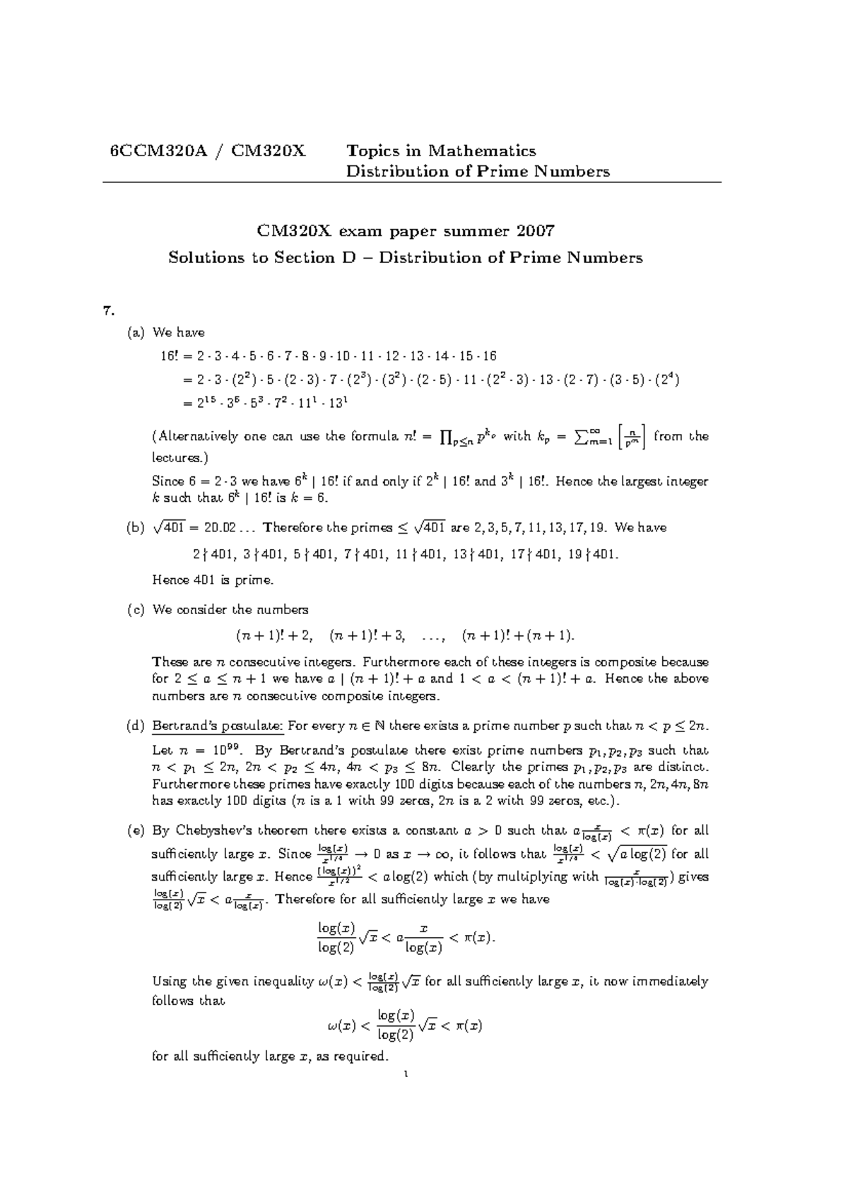 Exam 2007 Answers: Solutions to Section D - 6CCM320A / CM320X Topics in ...