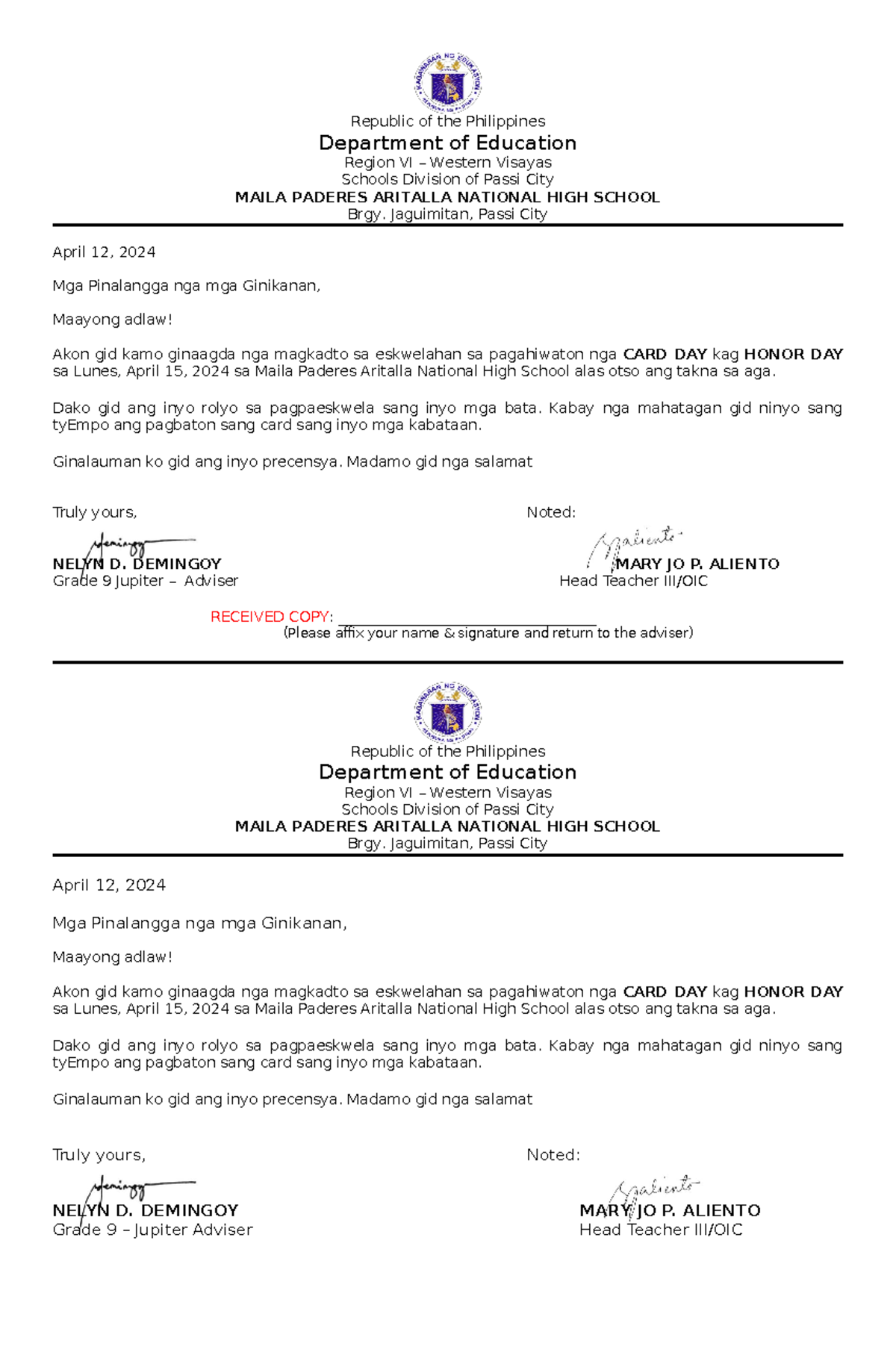 Letter TO Parents PTA Meeting - Republic of the Philippines Department ...