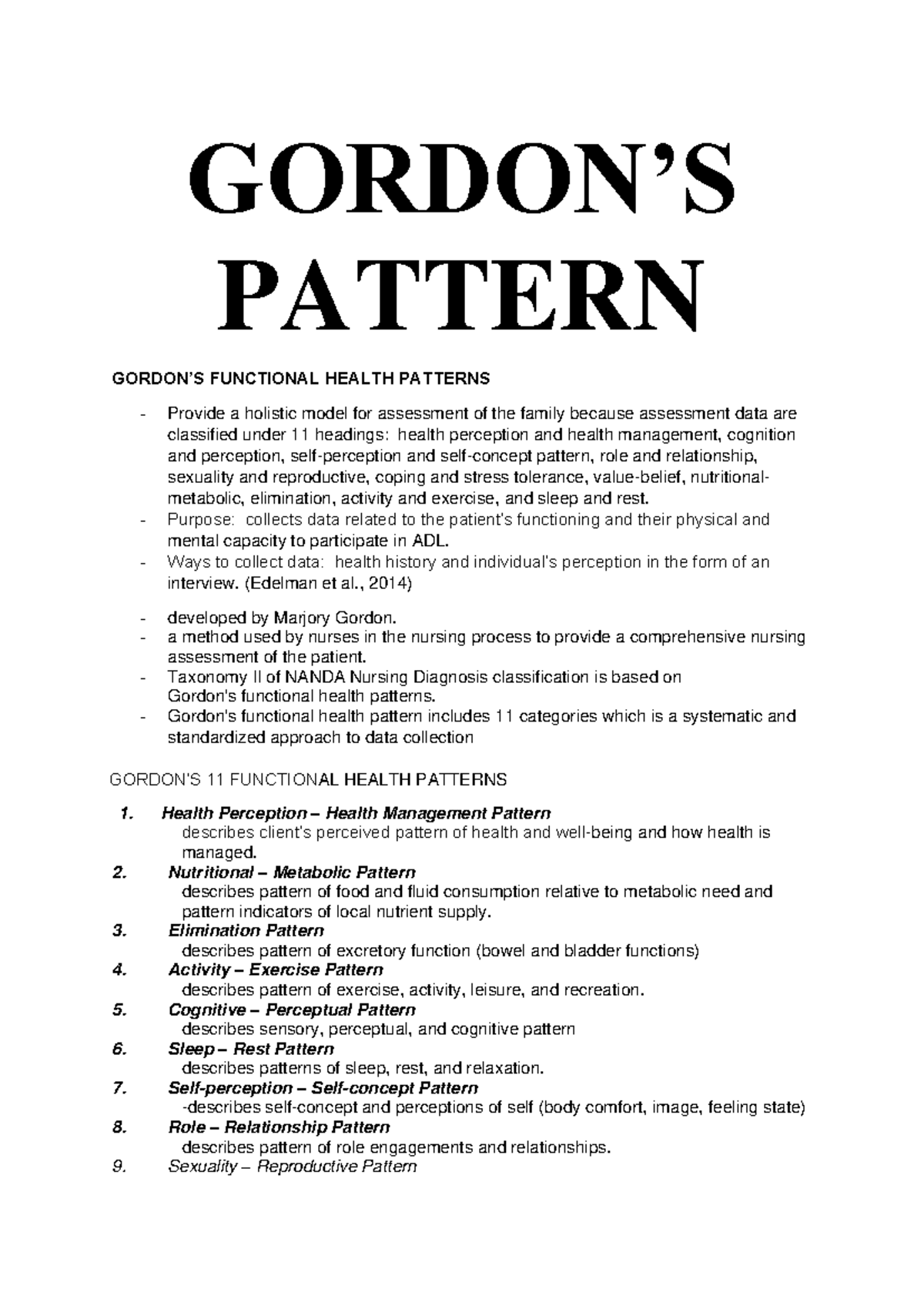 Gordon- Sample - GORDON’S PATTERN GORDON’S FUNCTIONAL HEALTH PATTERNS ...