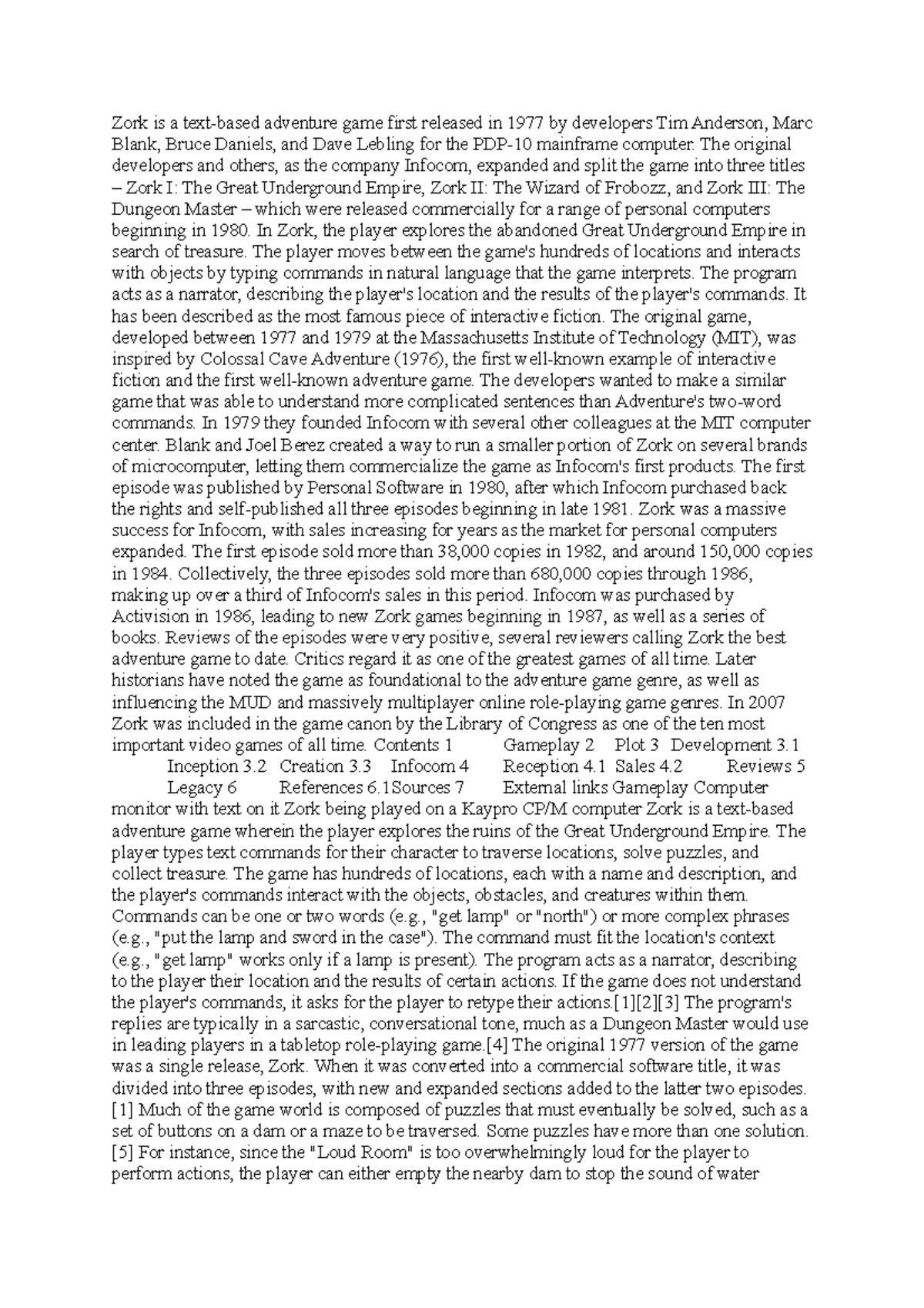 Zork 1 - essay - Zork is a text-based adventure game first released in ...