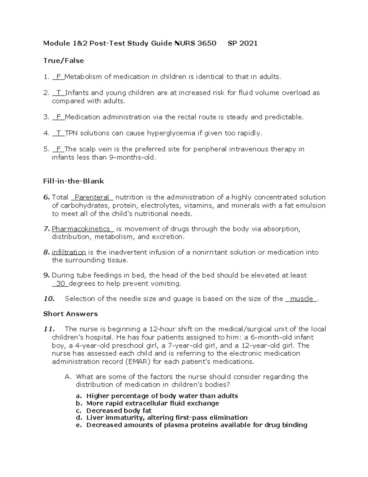 Pediatrics POST TEST - it is med math to help you practice with the ...