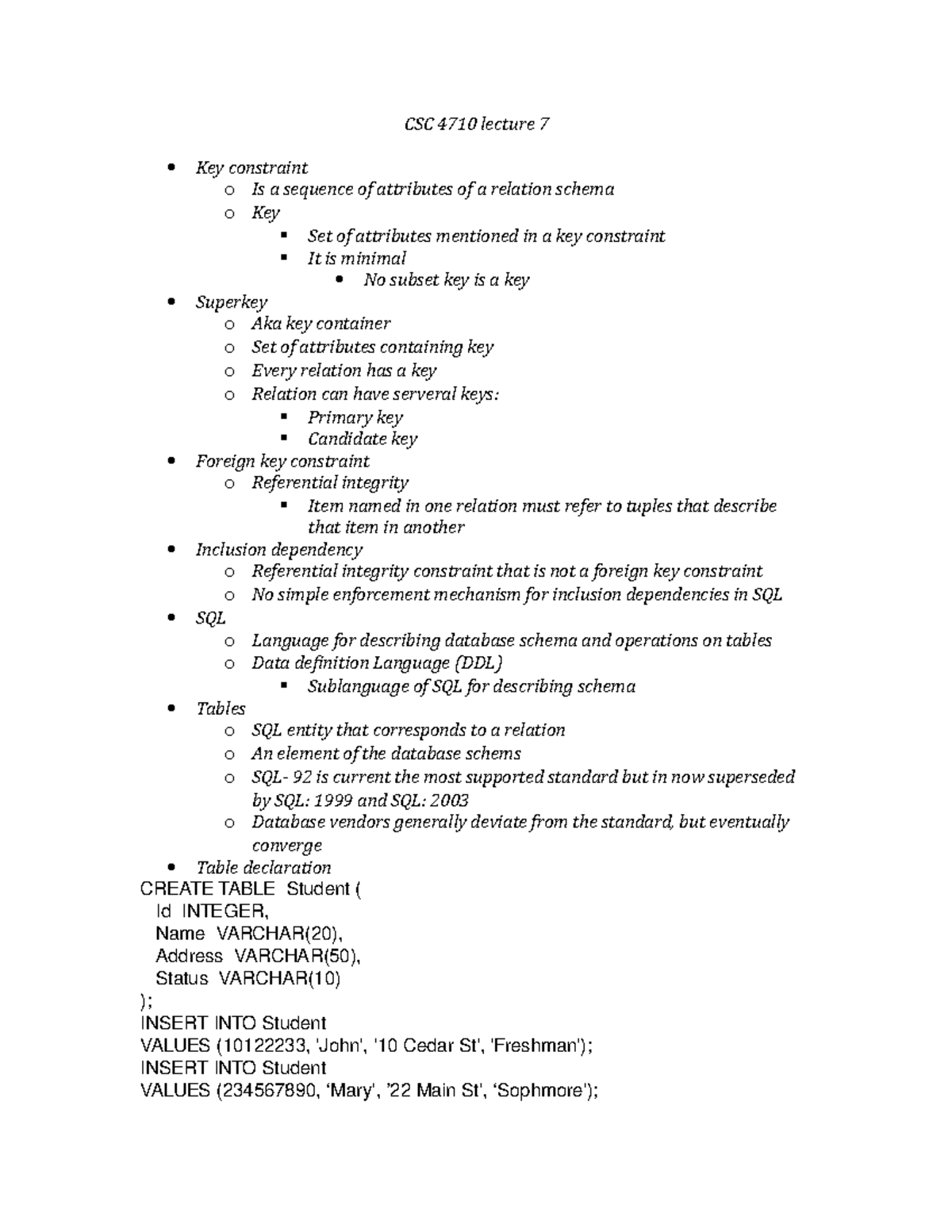 Csc 4710 Lecture 7 Csc 4710 Lecture 7 Key Constraint O Is A Sequence Of Attributes Of A