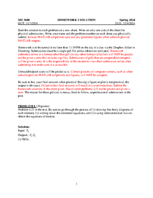 ME3600 Homework 01 Solution - ME 3600 HOMEWORK 1 SOLUTION Spring 2024 ...
