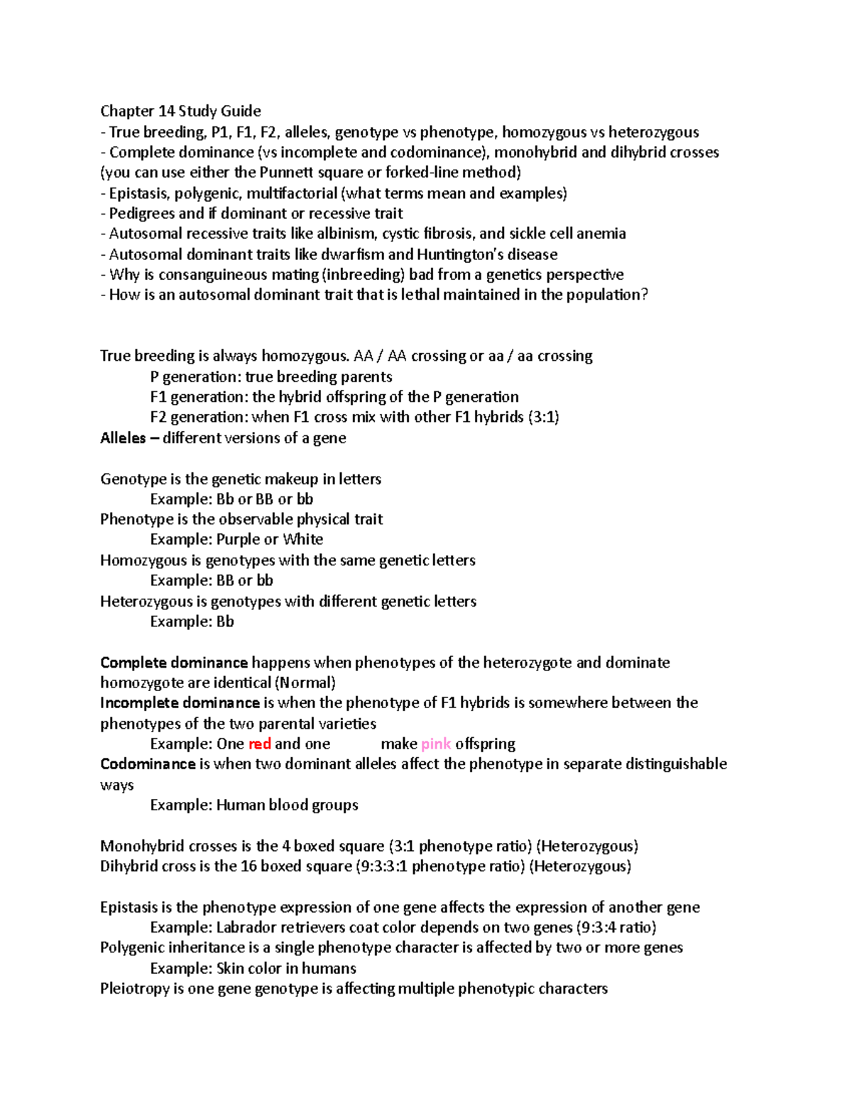 Chapter 14 Study Guide - Chapter 14 Study Guide True breeding, P1, F1 ...