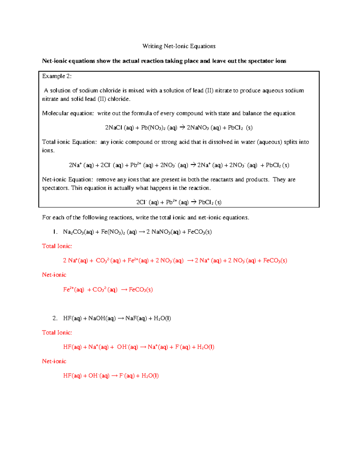 7.d Net ionic equations key - Writing Net-Ionic Equations Net-ionic ...