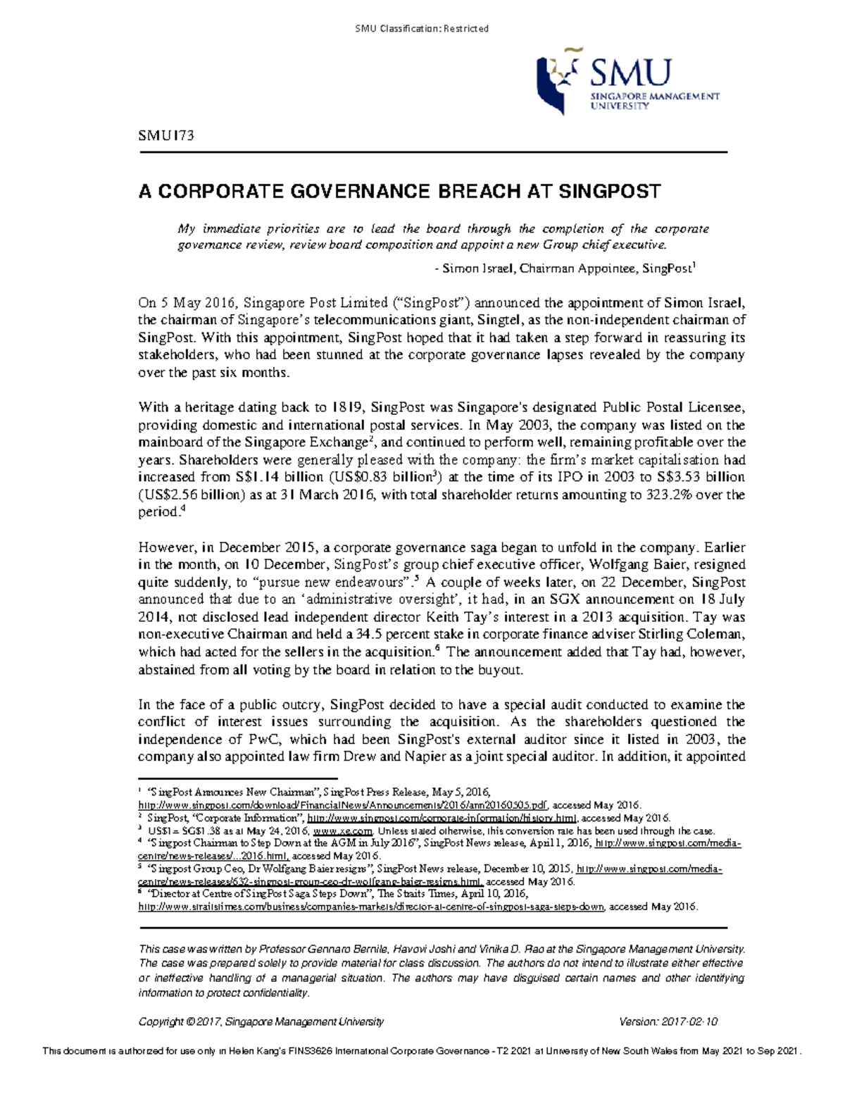 Reading 2 A CORPORATE GOVERNANCE BREACH AT SINGPOST by Simon Israel ...