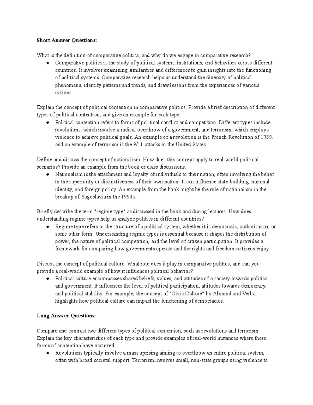Short Long Answer Question Samples for Comparative Politics Midterm ...
