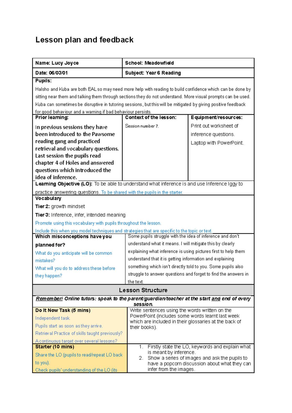 Lesson plan inference - Lesson plan and feedback Name: Lucy Joyce ...