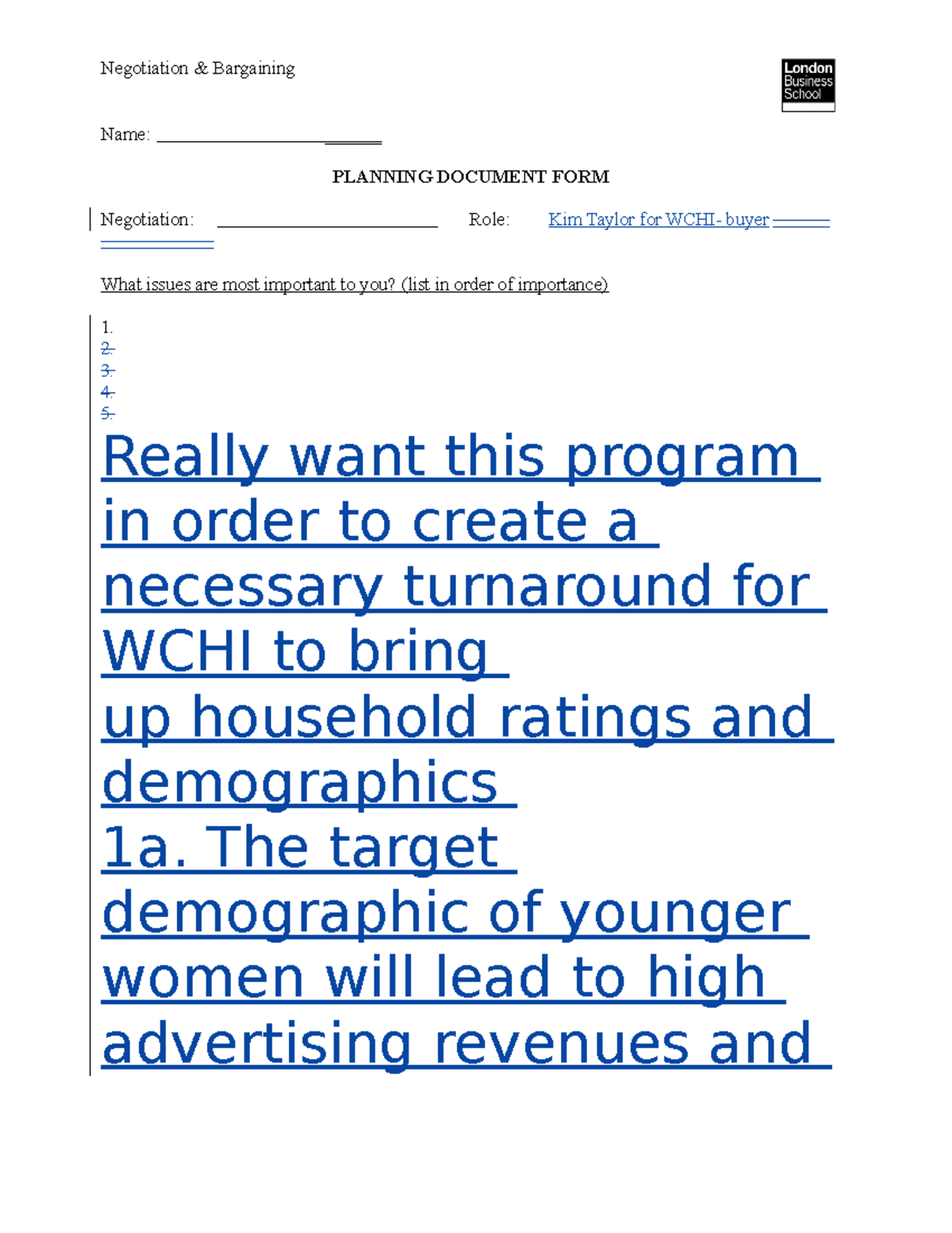 Planning Document Template 1 - Name: ______ PLANNING DOCUMENT FORM Negotiation: Role: Kim Taylor ...