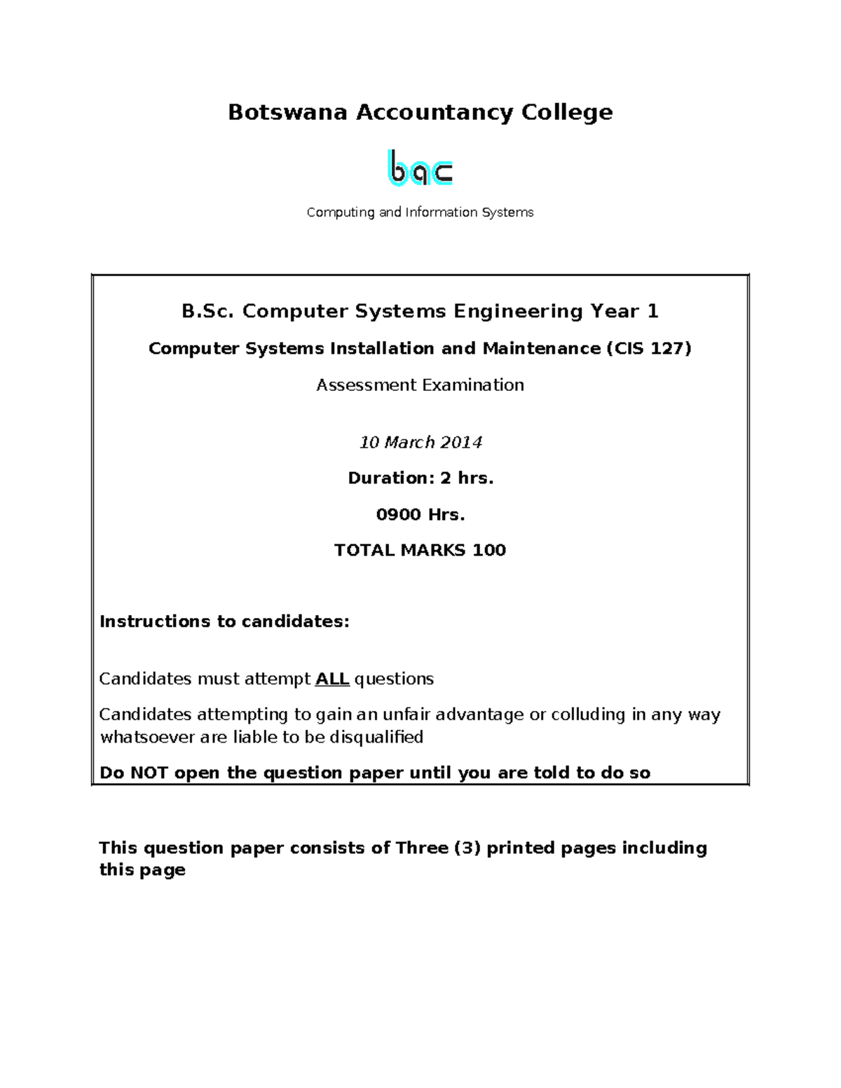 CSIM march 2014 assessment paper - Botswana Accountancy College ...