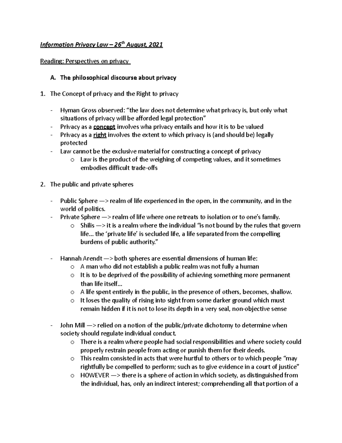 Week 1 - Perspective of Privacy - Information Privacy Law – 26th August ...