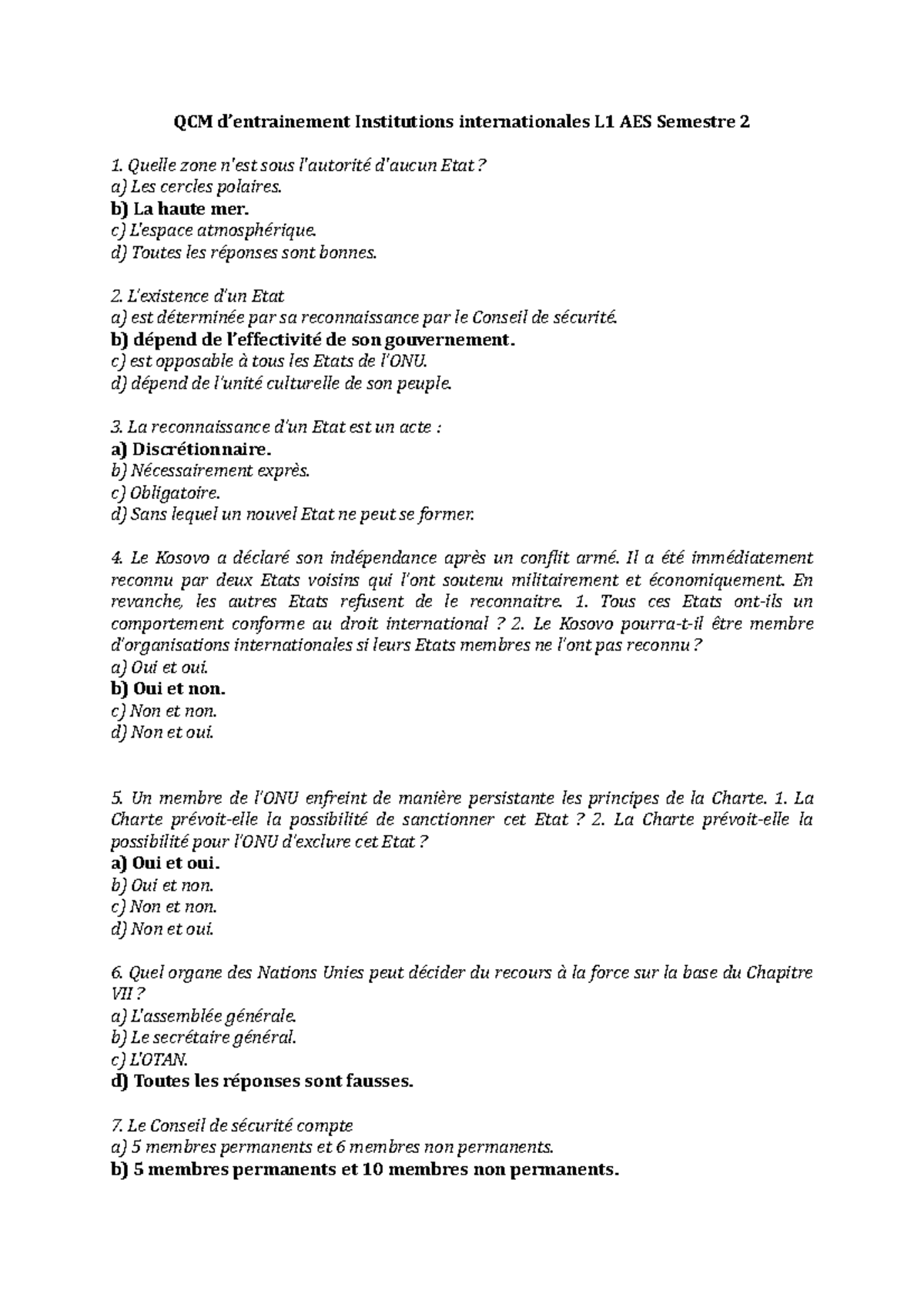 QCM d’entrainement Institutions internationales L1 AES Semestre 2 - b) La haute mer. c) L'espace ...