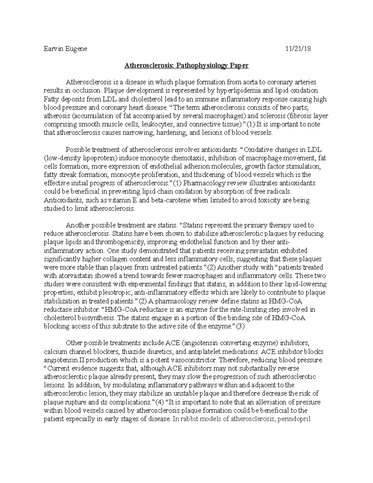 Pathophysiology Paper - Earvin Eugene 11/21/ Atherosclerosis ...