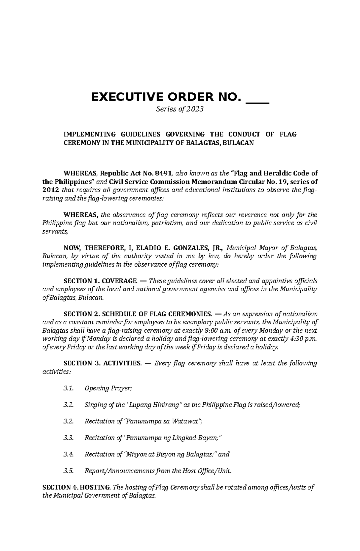 Edited eo , s 2023 flag raising and flag lowering - EXECUTIVE ORDER NO ...