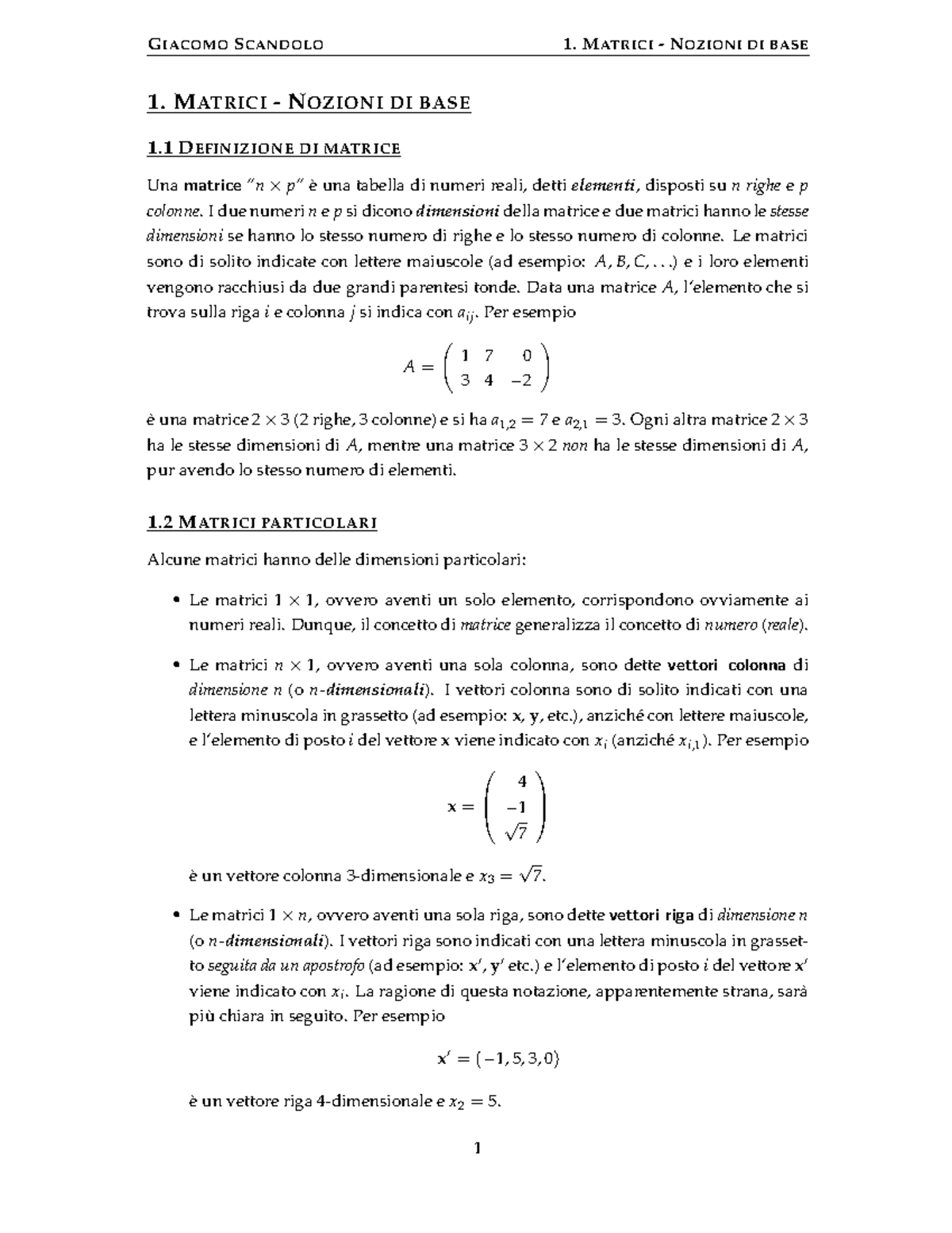 1 - Matrici - base - 1. MATRICI - NOZIONI DI BASE 1 DEFINIZIONE DI ...