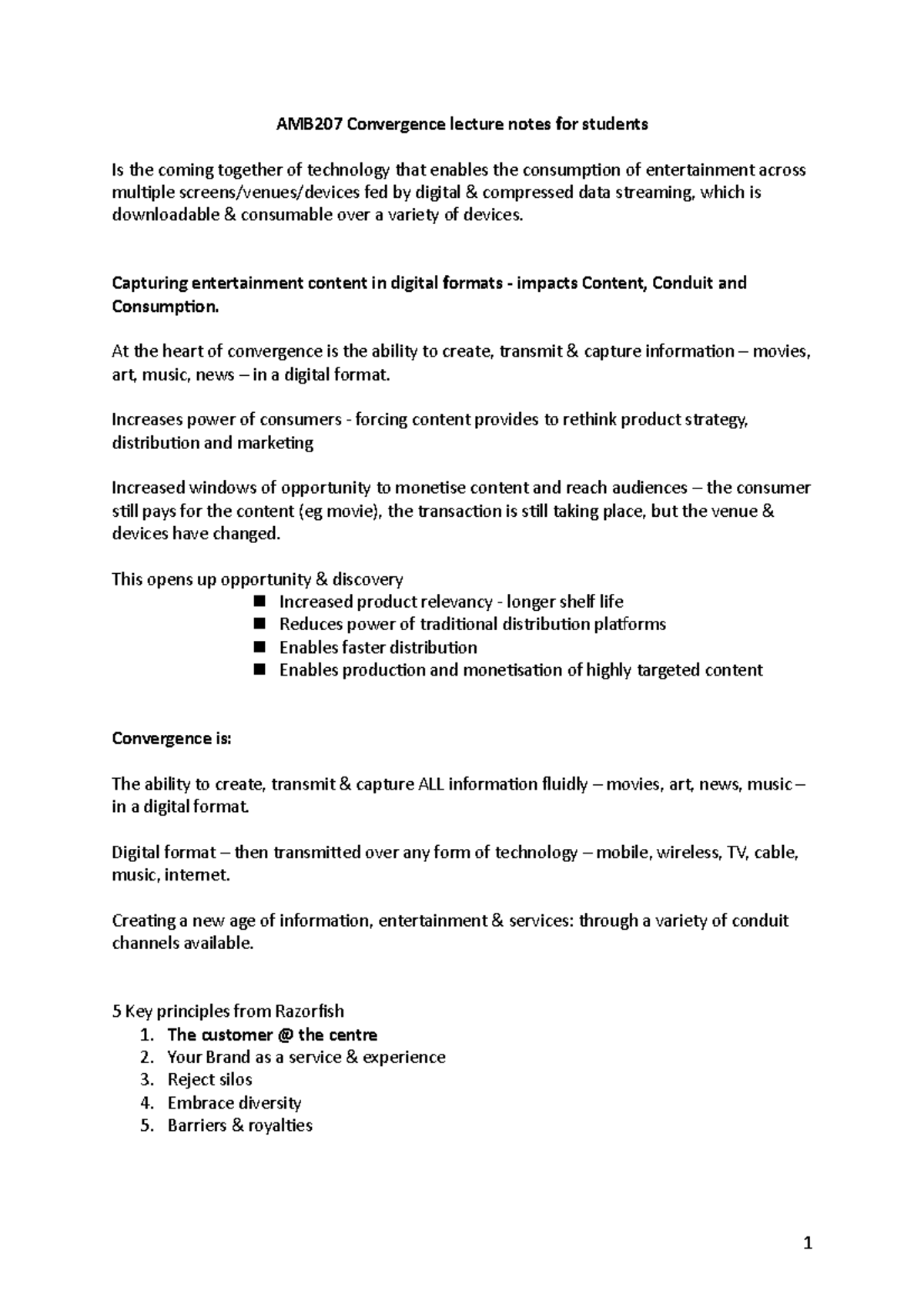 AMB207 Convergence lecture notes for students - Capturing entertainment ...