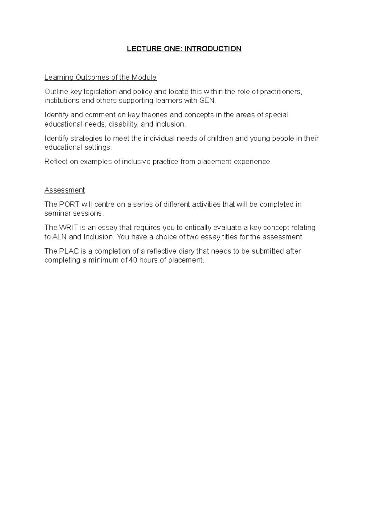 Lecture 1- Intro - LECTURE ONE: INTRODUCTION Learning Outcomes of the Module Outline key ...