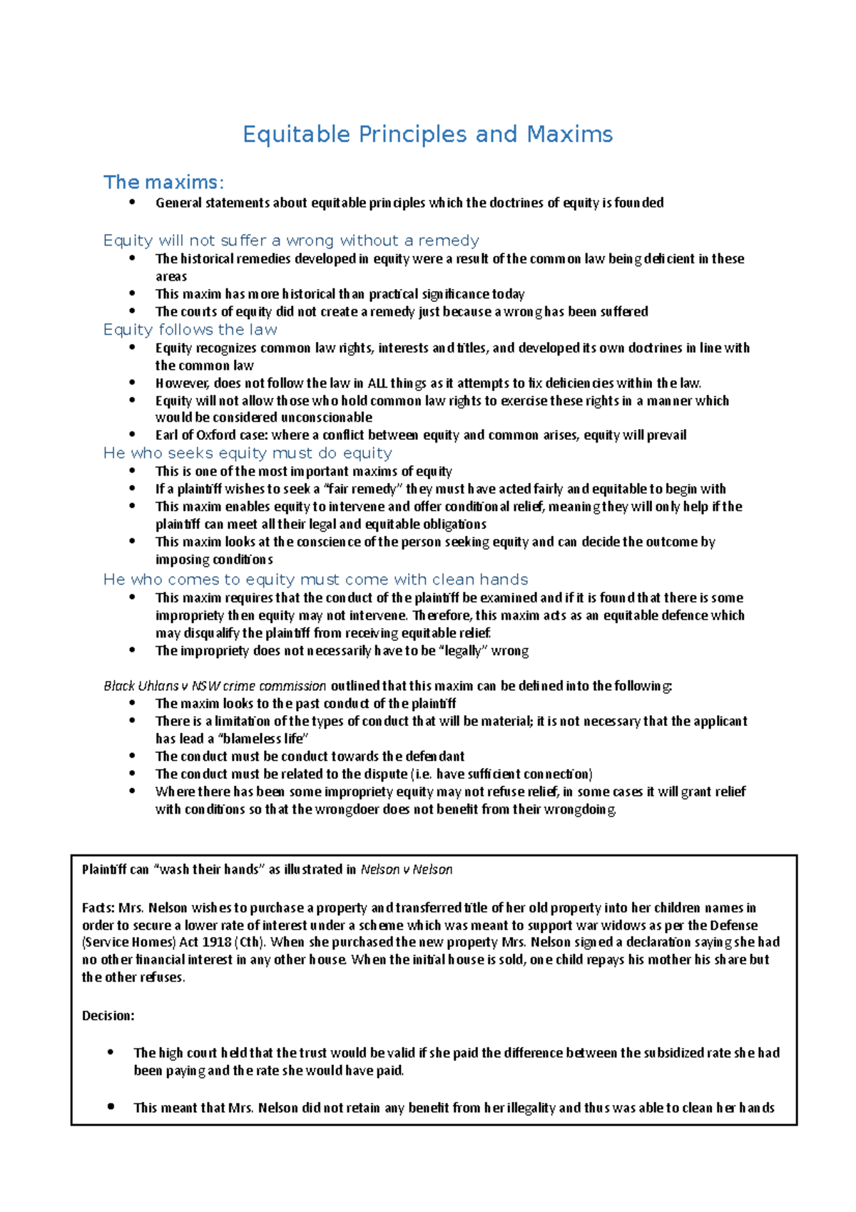 Week 2 Equitable Principles and Maxims - Equitable Principles and ...