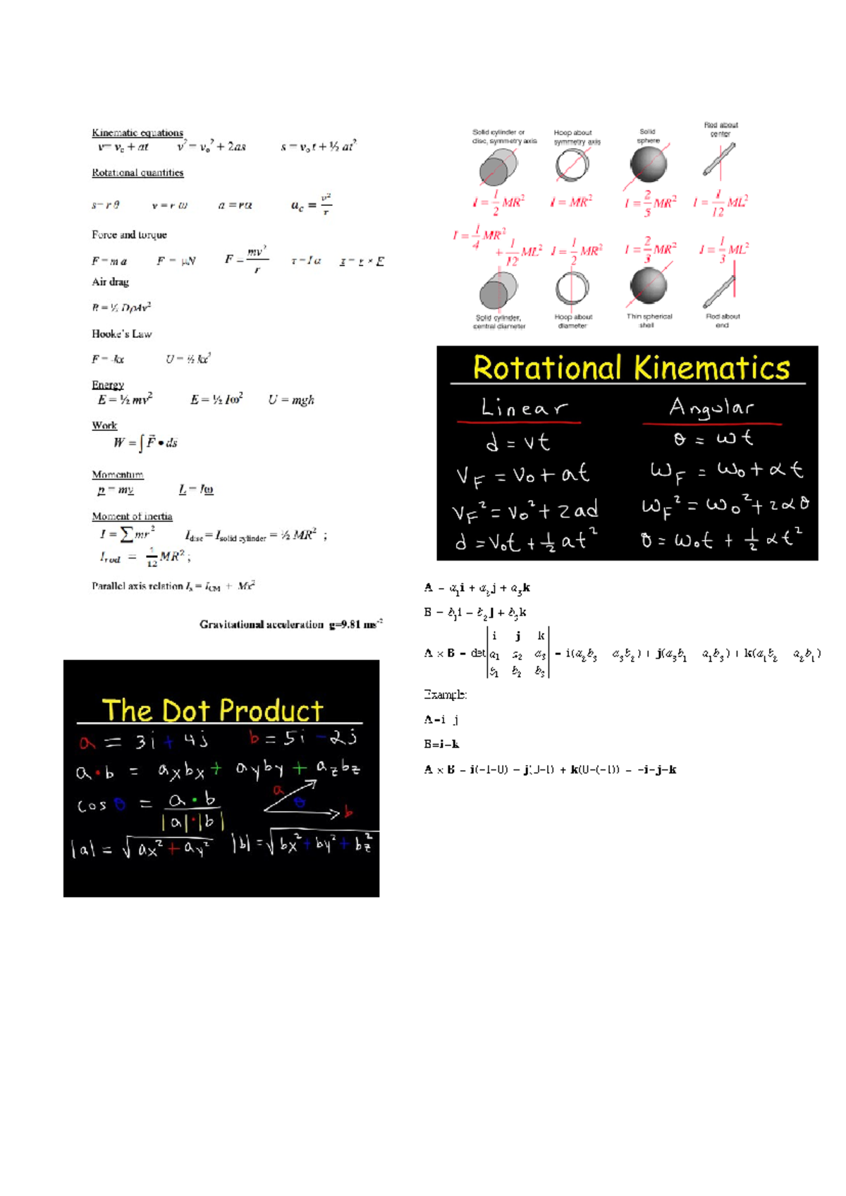 Phys-101 formula sheet - Red about Kinematic equations Sold cylinder or ...