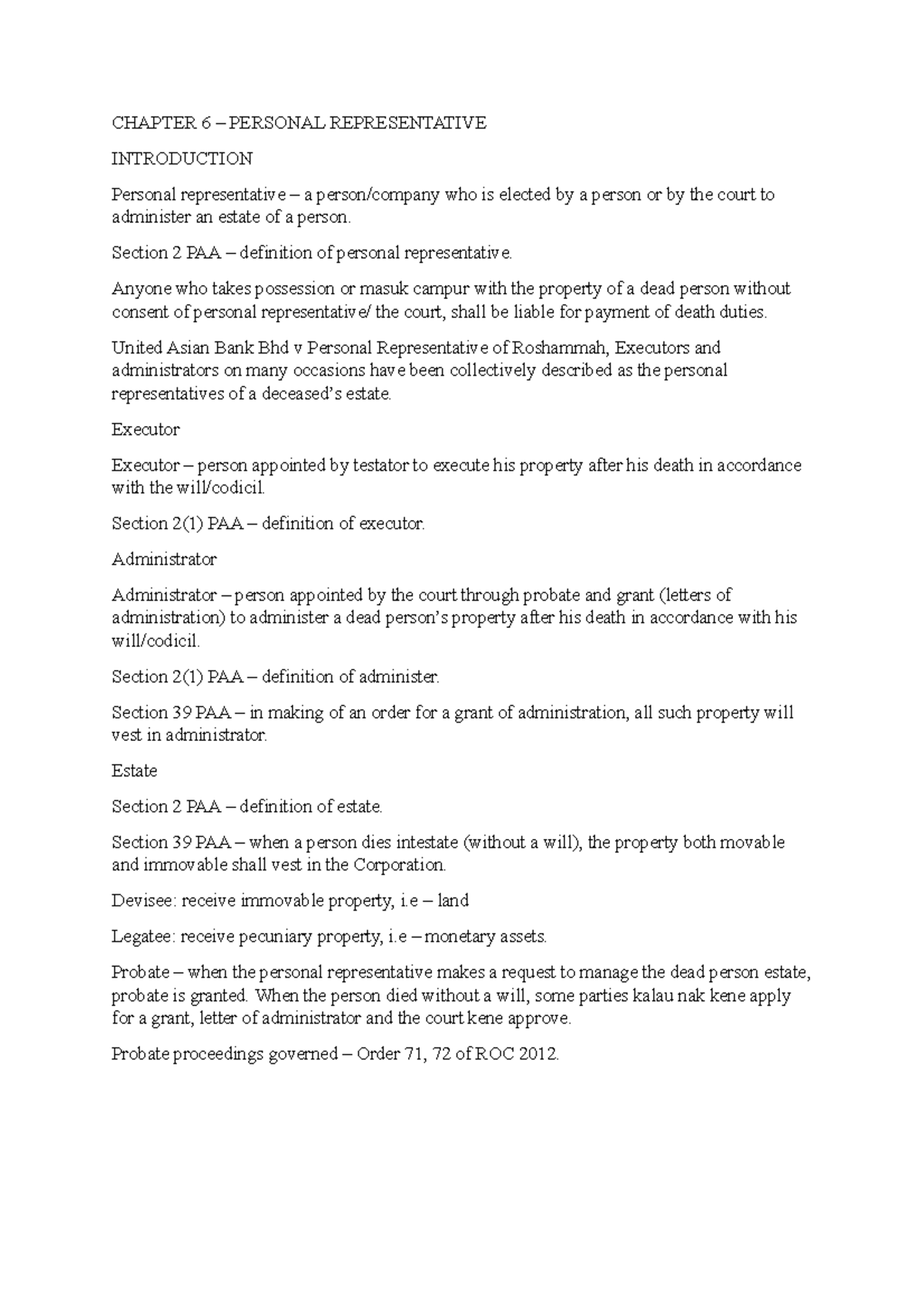 Chapter 6 - CHAPTER 6 – PERSONAL REPRESENTATIVE INTRODUCTION Personal ...