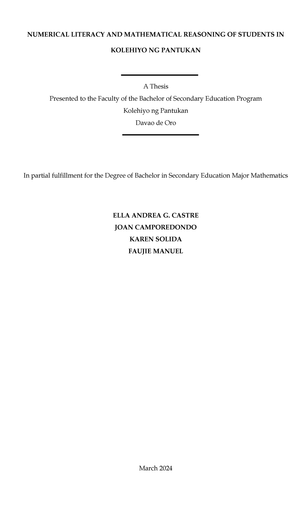 NUMERICAL ET AL - NUMERICAL LITERACY AND MATHEMATICAL REASONING OF ...