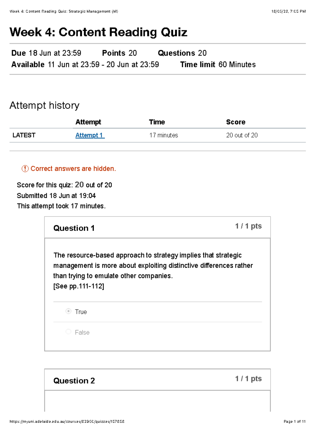 Week 4: Content Reading Quiz: Strategic Management - Studocu
