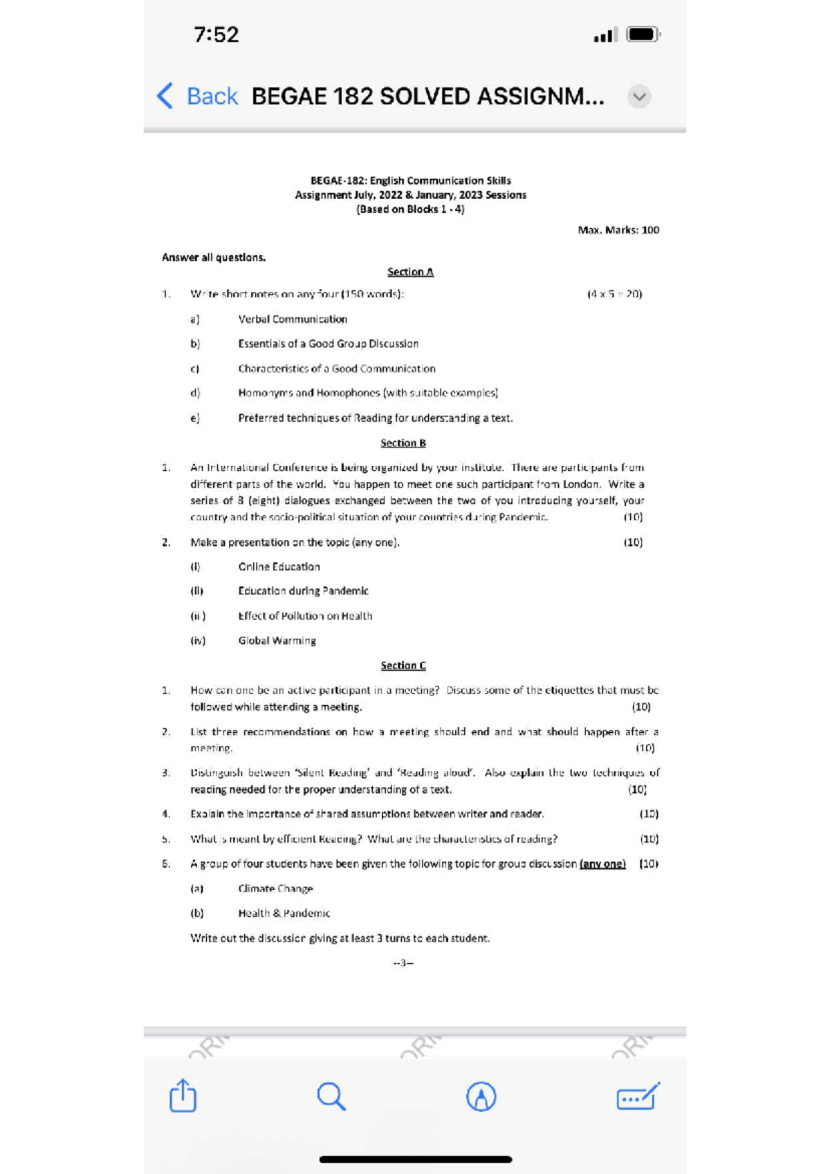 IMG 6526 - 7:52 Back BEGAE 182 SOLVED ASSIGNM English Communication ...