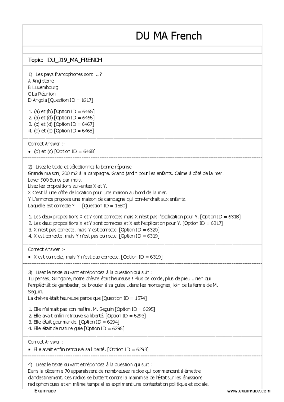 DUET 2019 MA French - 1) 2) 3) 4) DU MA French Topic:- DU_J19_MA_FRENCH ...