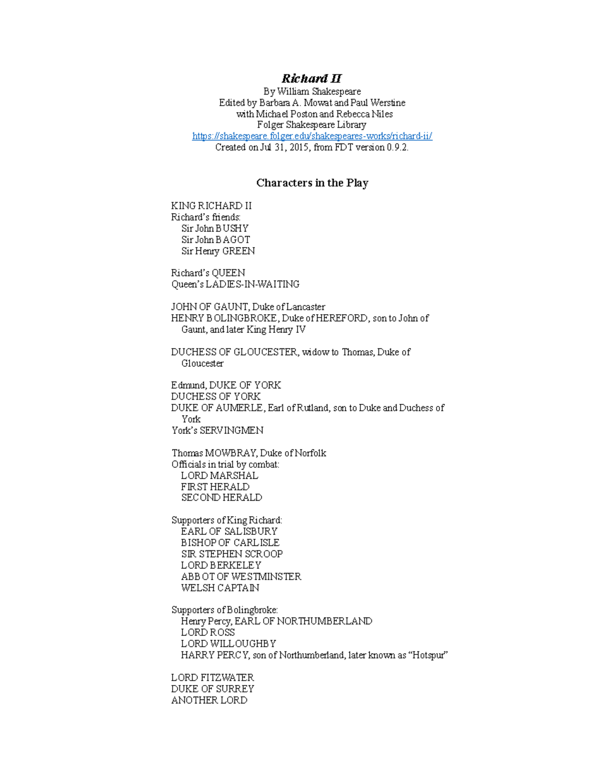 Richard-ii DOC Folger Shakespeare - DIET 100 - SLU - Studocu