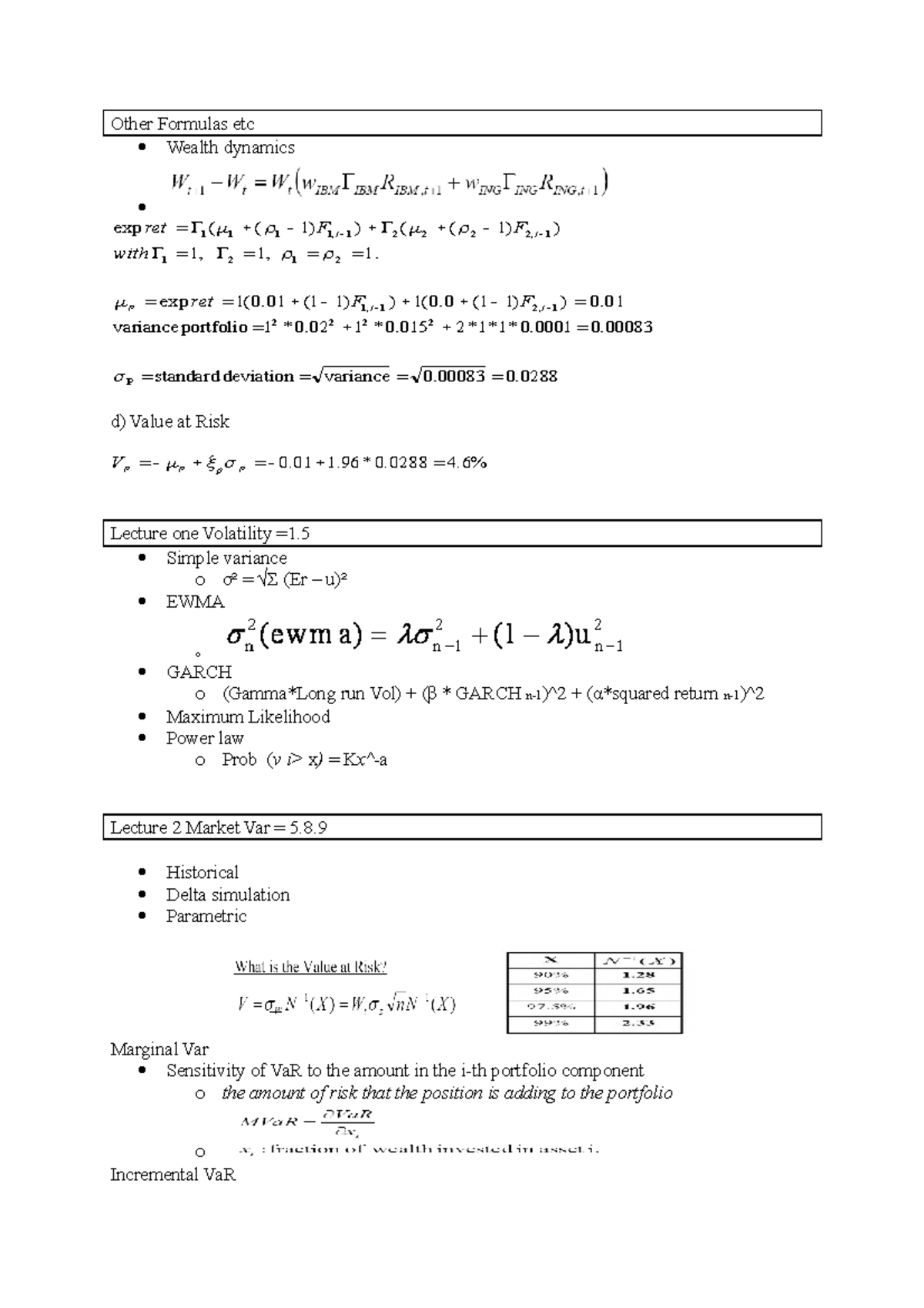 Summary Risk Management and Financial Institutions - all formulas ...