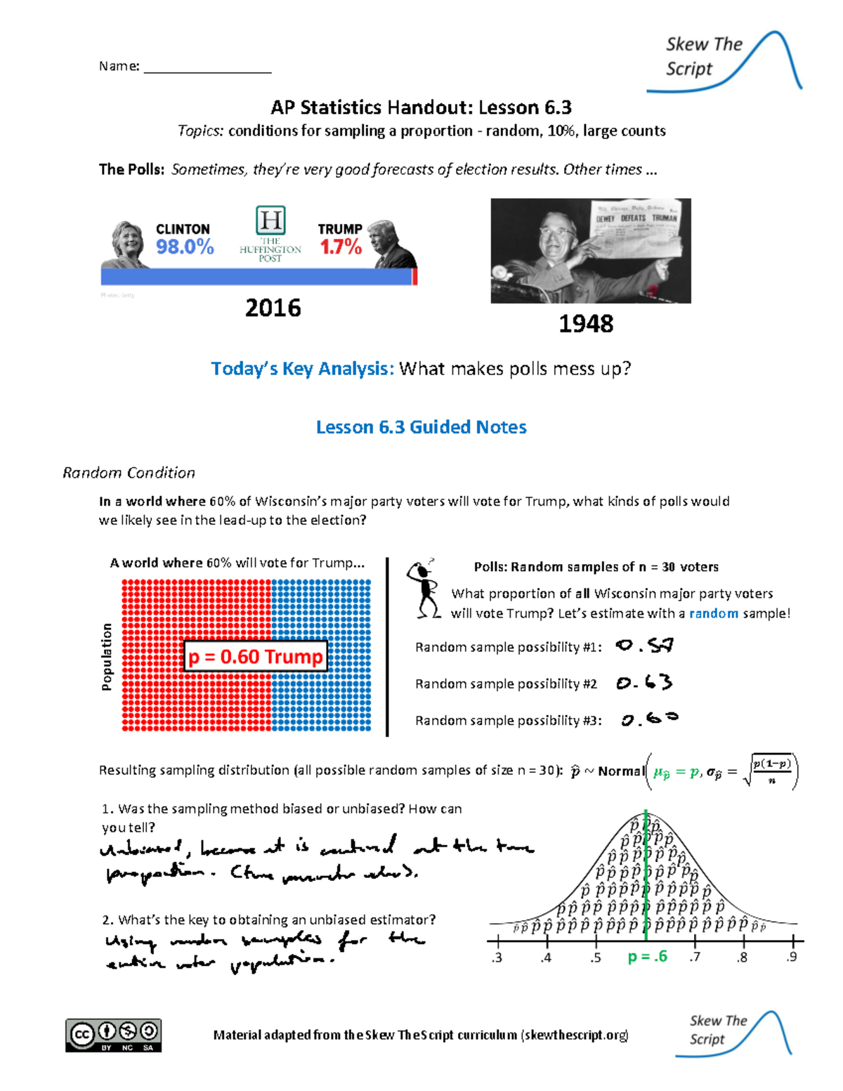 6.3 - conditions for sampling a proportion - Name: _________________ AP ...