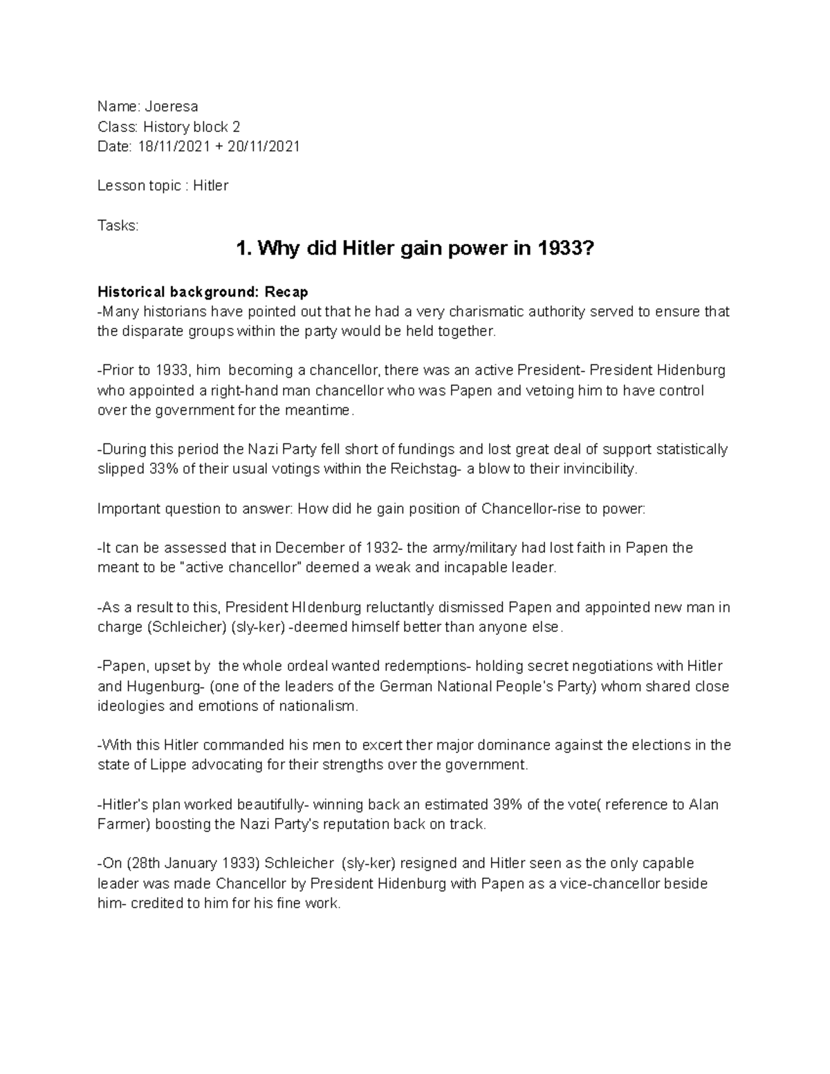 (1933-34)Hitler rise - Hitler notes - Name: Joeresa Class: History ...