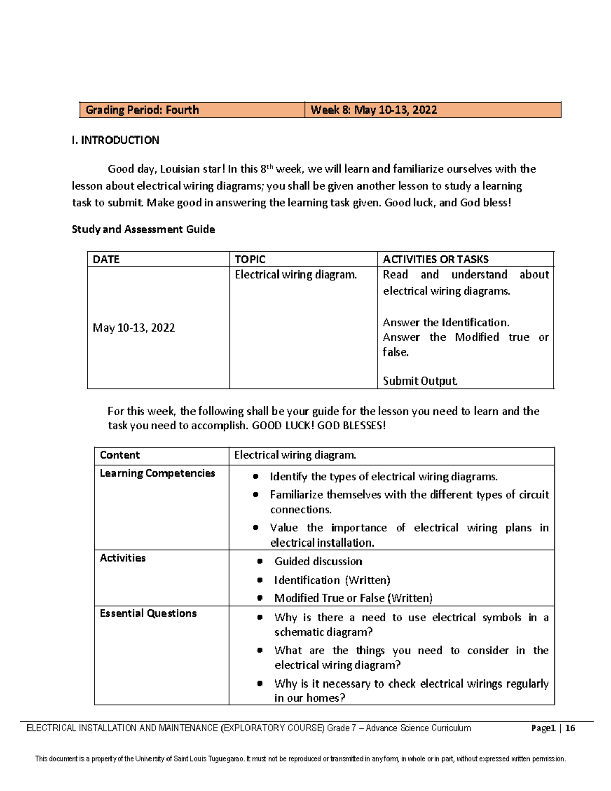 TLE-G7 Advance Science WEEK 8 - ELECTRICAL INSTALLATION AND MAINTENANCE ...