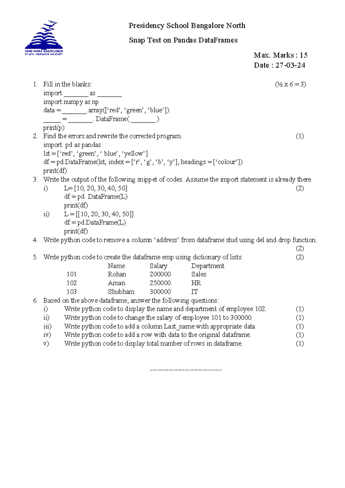 Snap Test on Pandas Data Frames 2024 - Presidency School Bangalore ...