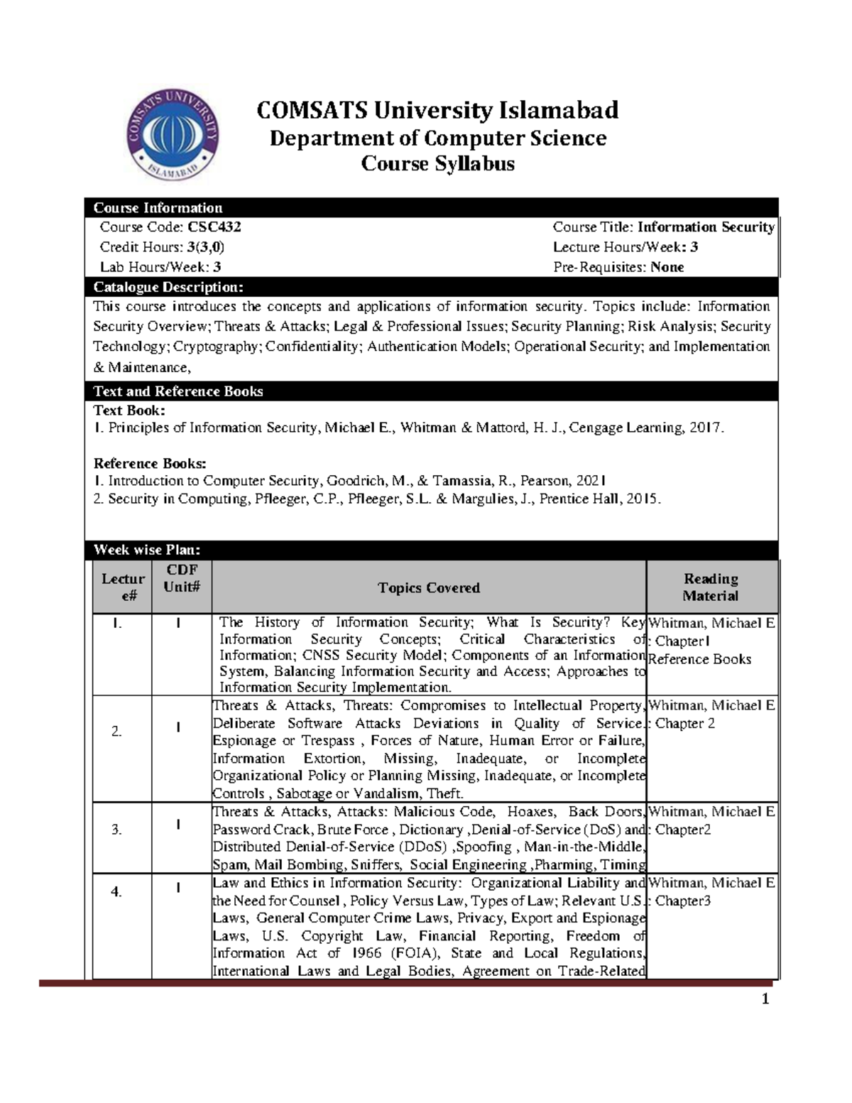 CSC432 Information Security-Syllabus-Previous - COMSATS University ...