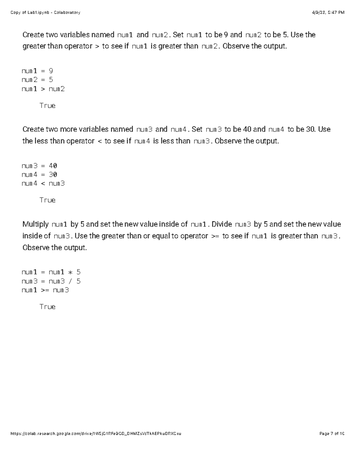 Cosc Notes 2023 - Create two variables named num1 and num2. Set num1 to ...