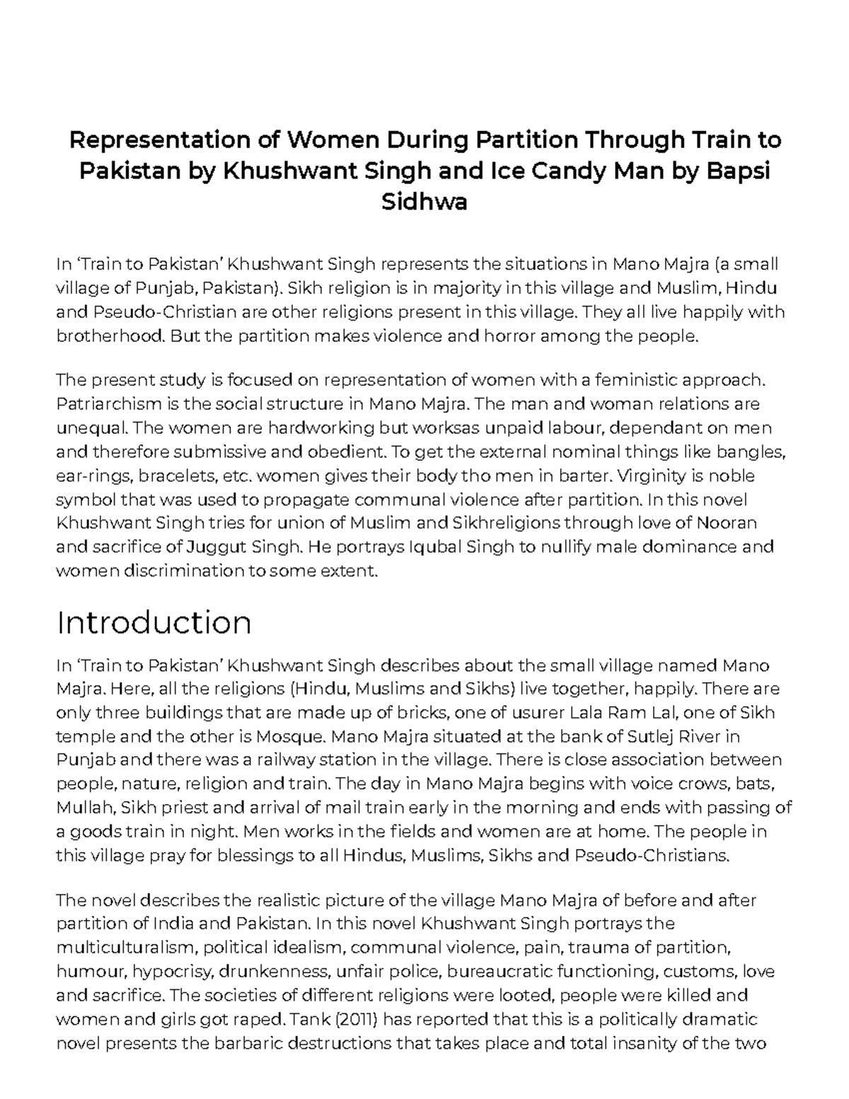 Representation of Women during Partition Through Train to Pakistan by ...