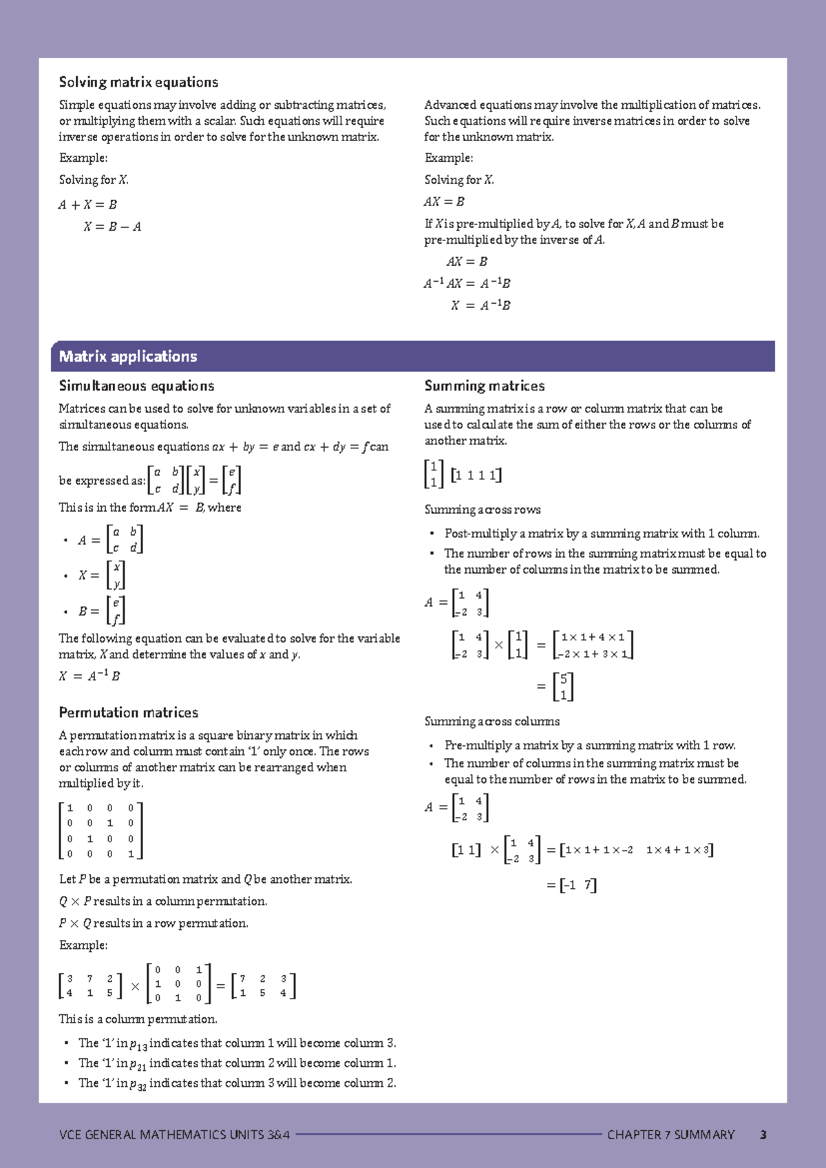 Matrices Summary - Solving matrix equations Simple equations may ...