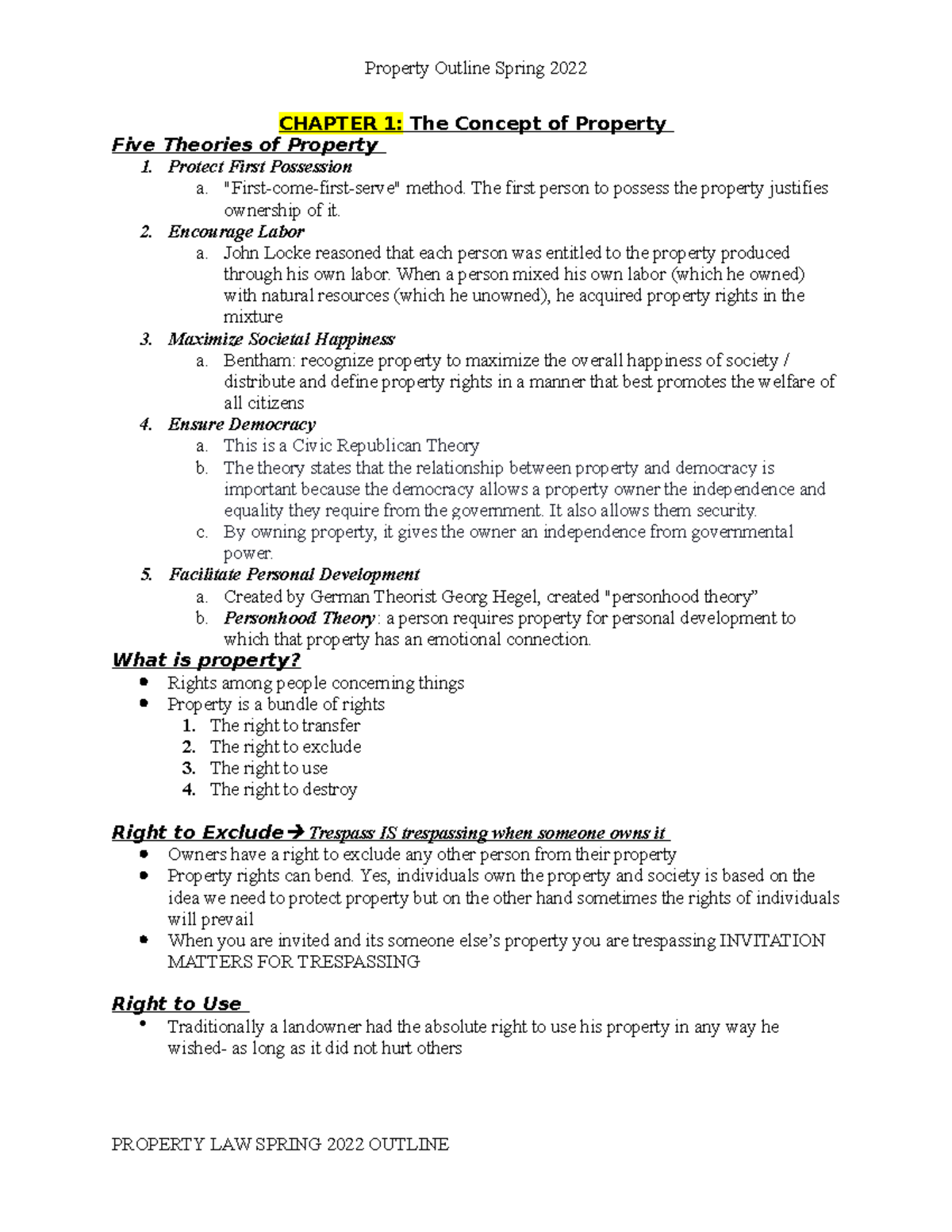 Property Outline - CHAPTER 1: The Concept of Property Five Theories of ...