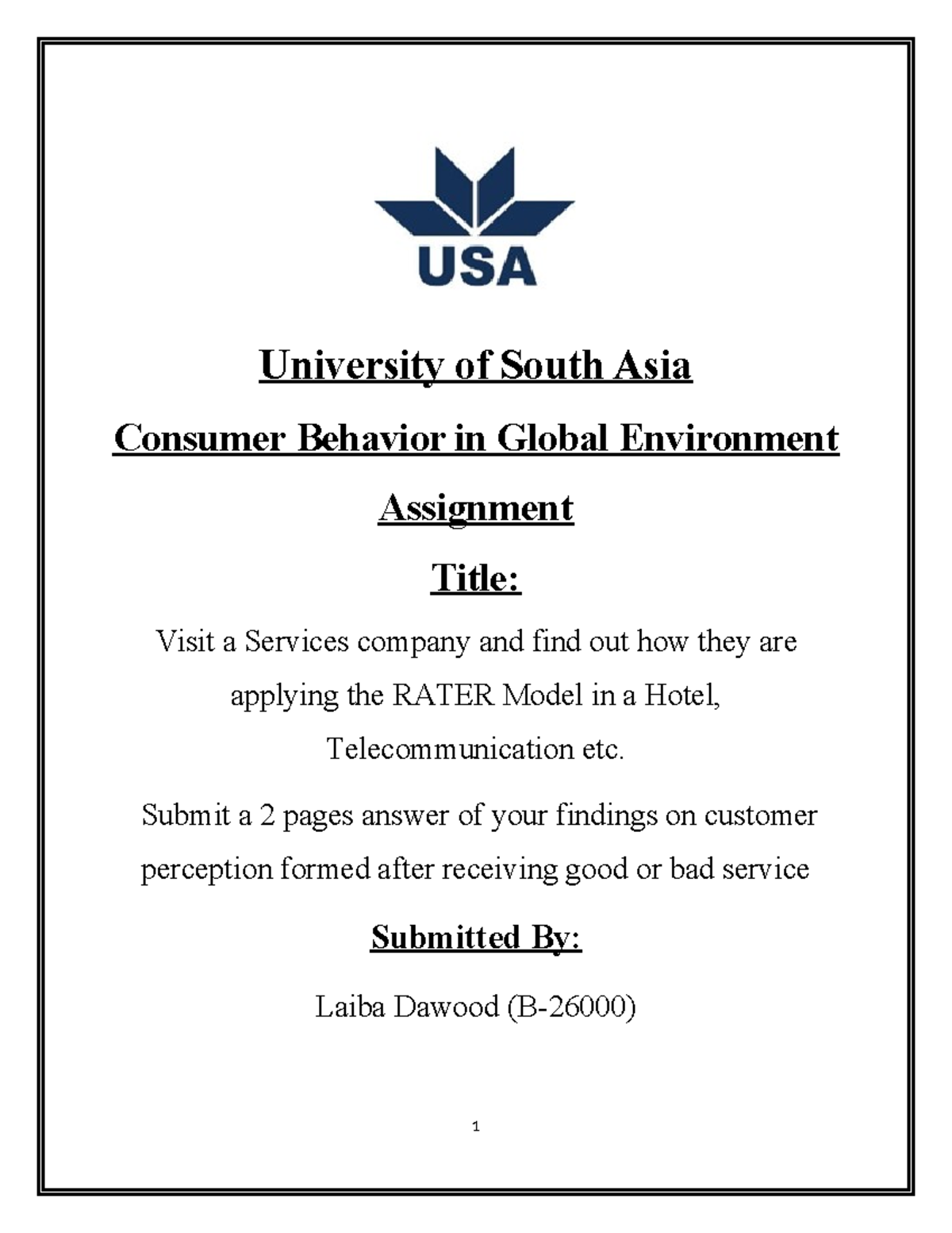 Consumer Behavior Assignment - University of South Asia Consumer ...