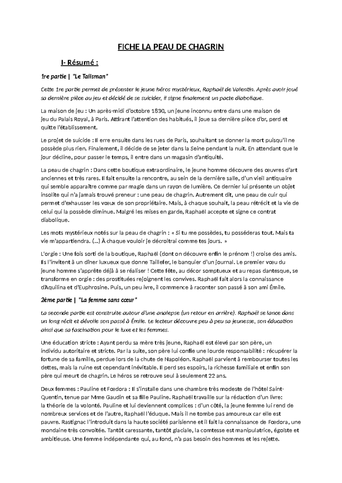 Fiche LA PEAU DE Chagrin - FICHE LA PEAU DE CHAGRIN I- Résumé : 1re partie | "Le Talisman" - Studocu