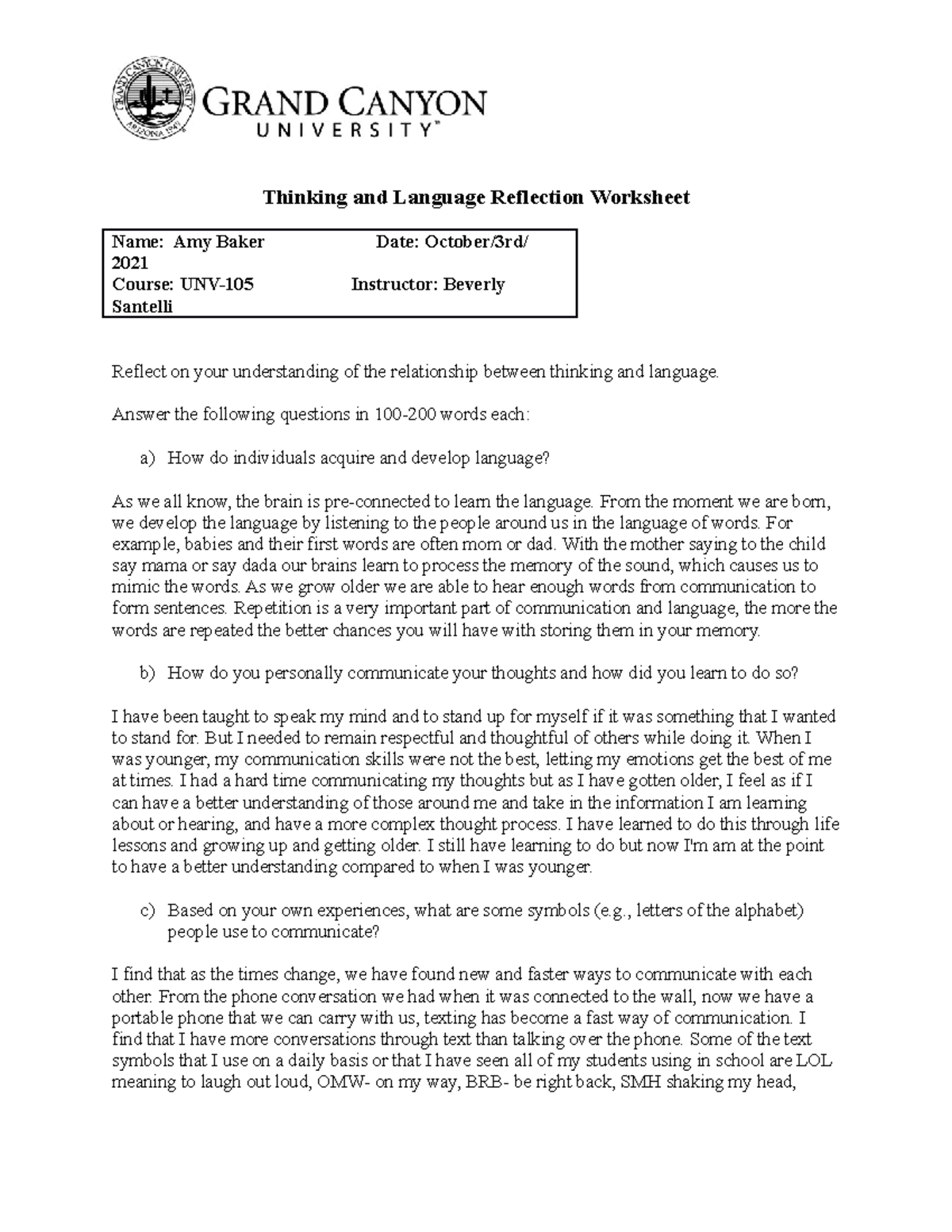 Good - Thinking and Language Reflection Worksheet Name: Amy Baker 2021 ...