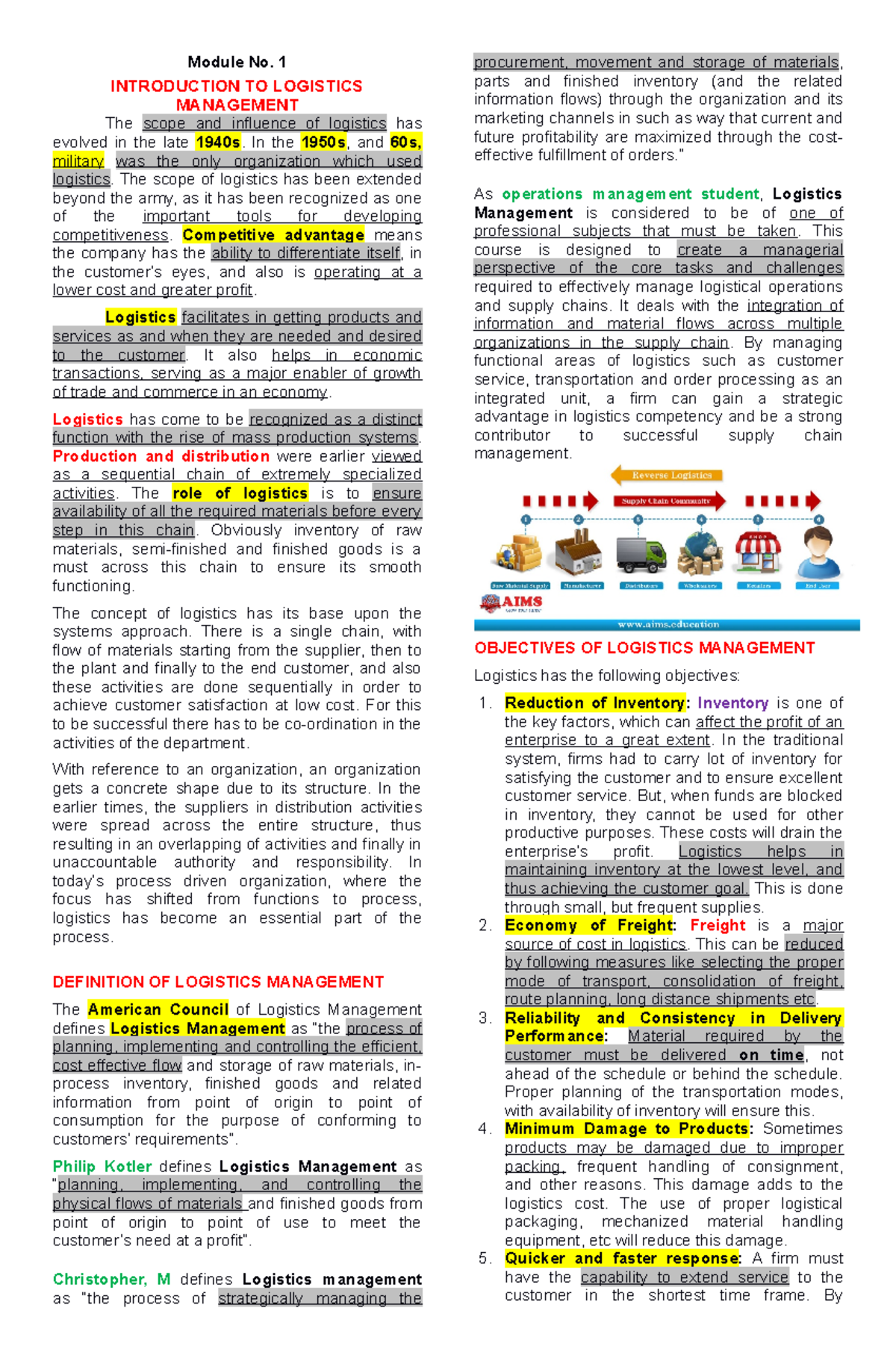 Reviewer-LM - Midterm reviewer - Module No. 1 INTRODUCTION TO LOGISTICS ...