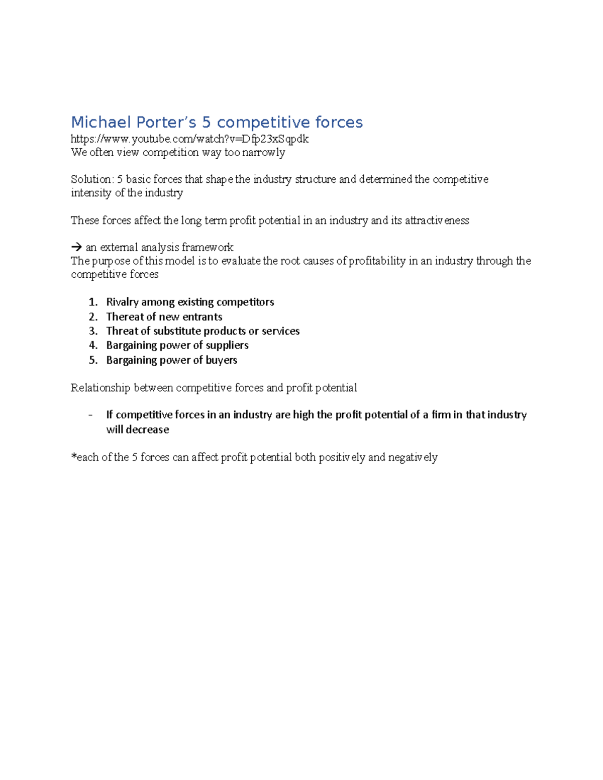 Notes - Industry analysis: Porter's 5 competitive forces, - Michael ...