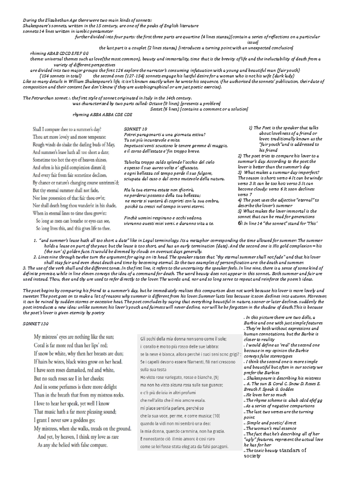 Shakespeare sonnets - During the Elizabethan Age there were two main ...