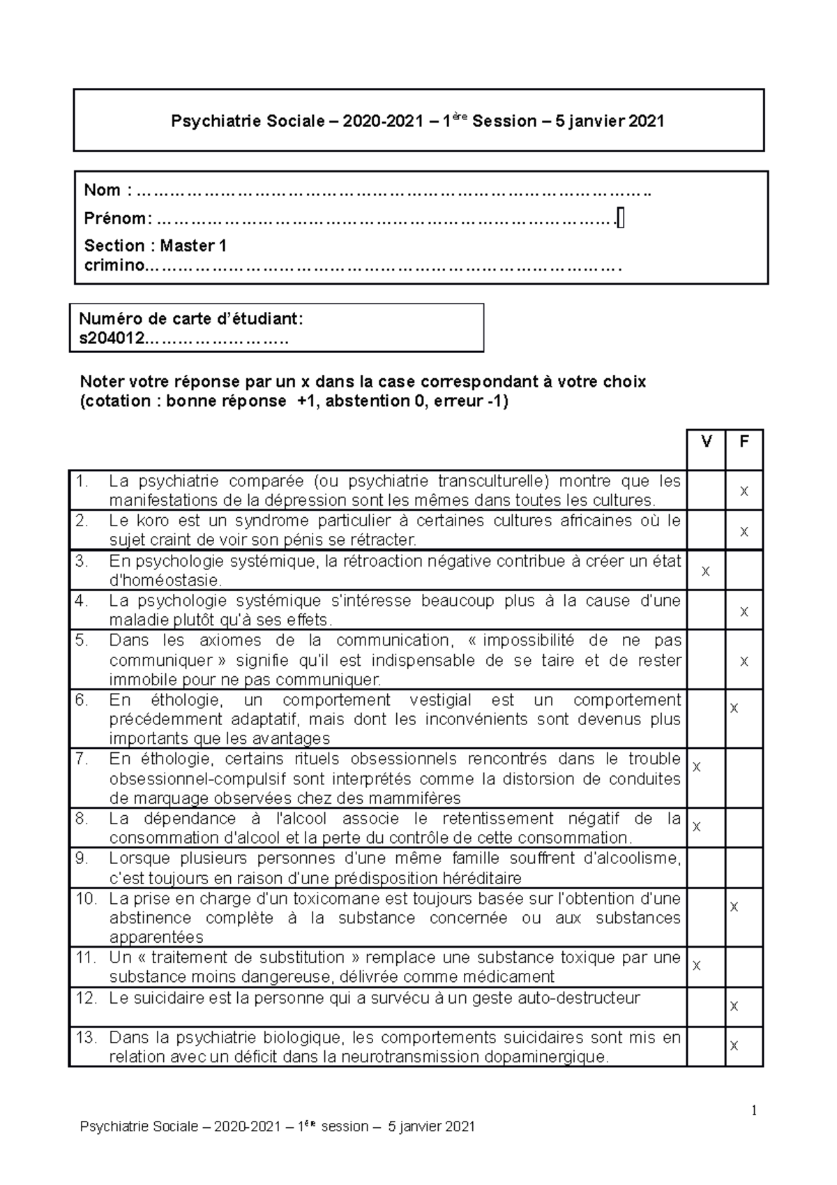 Examen 2020-2021 - Psychiatrie Sociale – 2020-2021 – 1ère Session – 5 ...