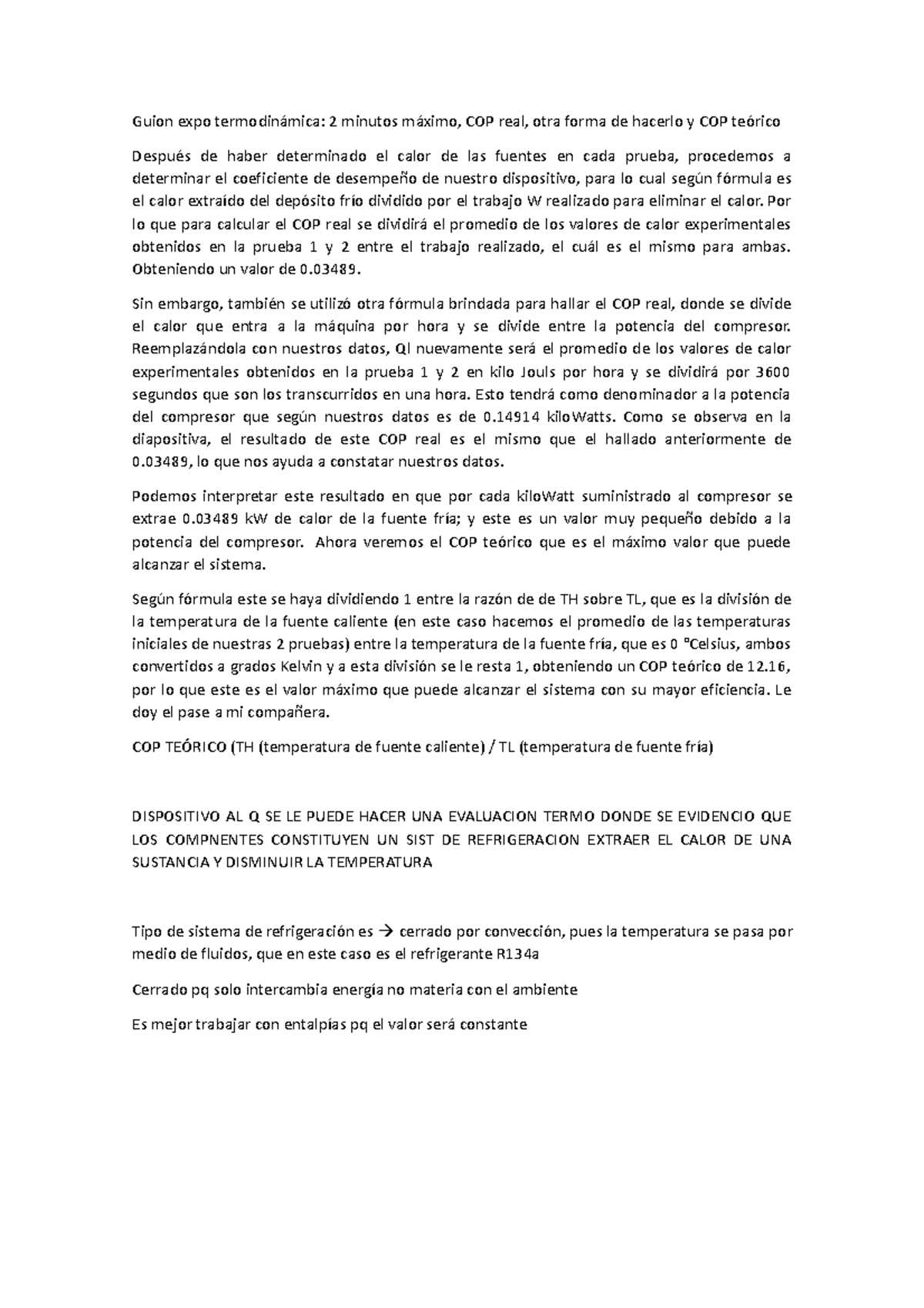 Guion expo termodinámica - Por lo que para calcular el COP real se ...